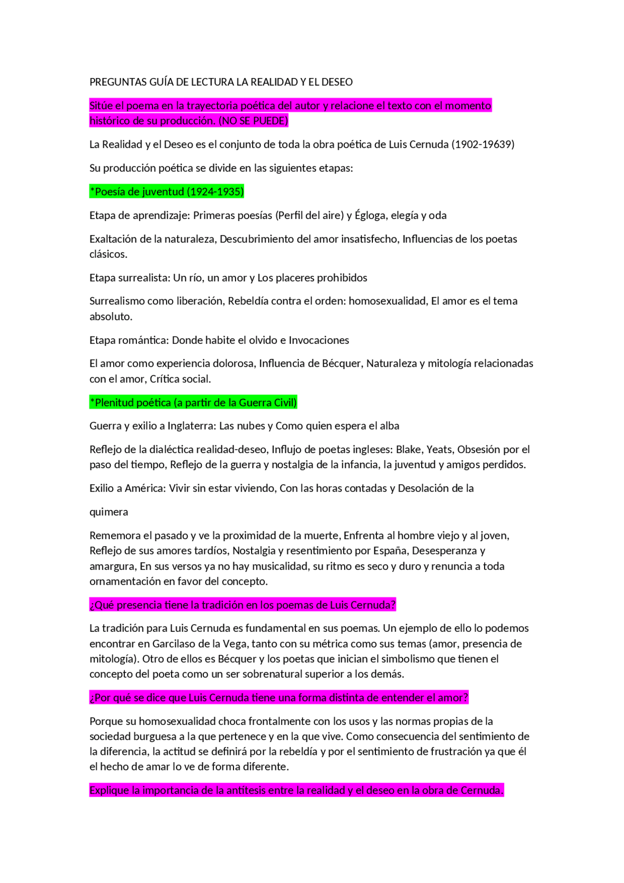 Preguntas Guía Lectura La Realidad y el Deseo | Ejercicios de Lengua y ...