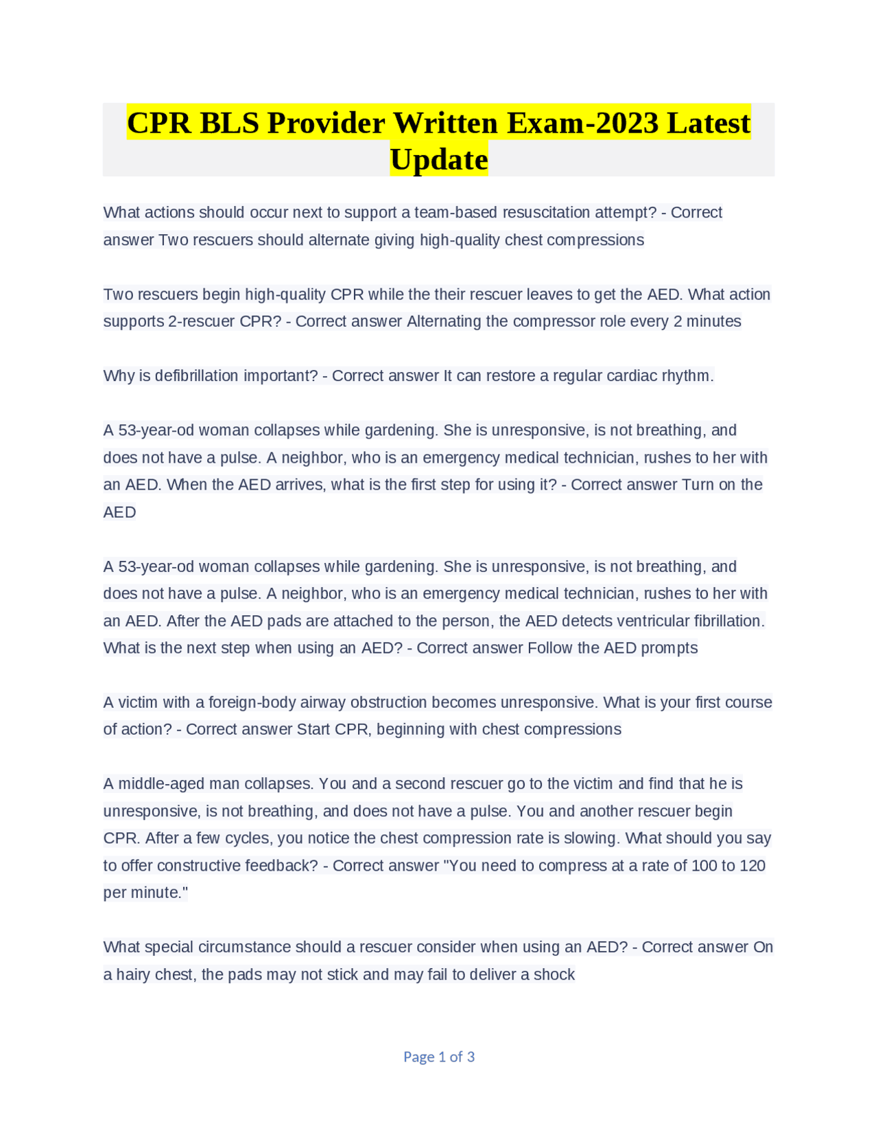 CPR BLS Provider Written Exam-2023 Latest Update | Exams Health ...