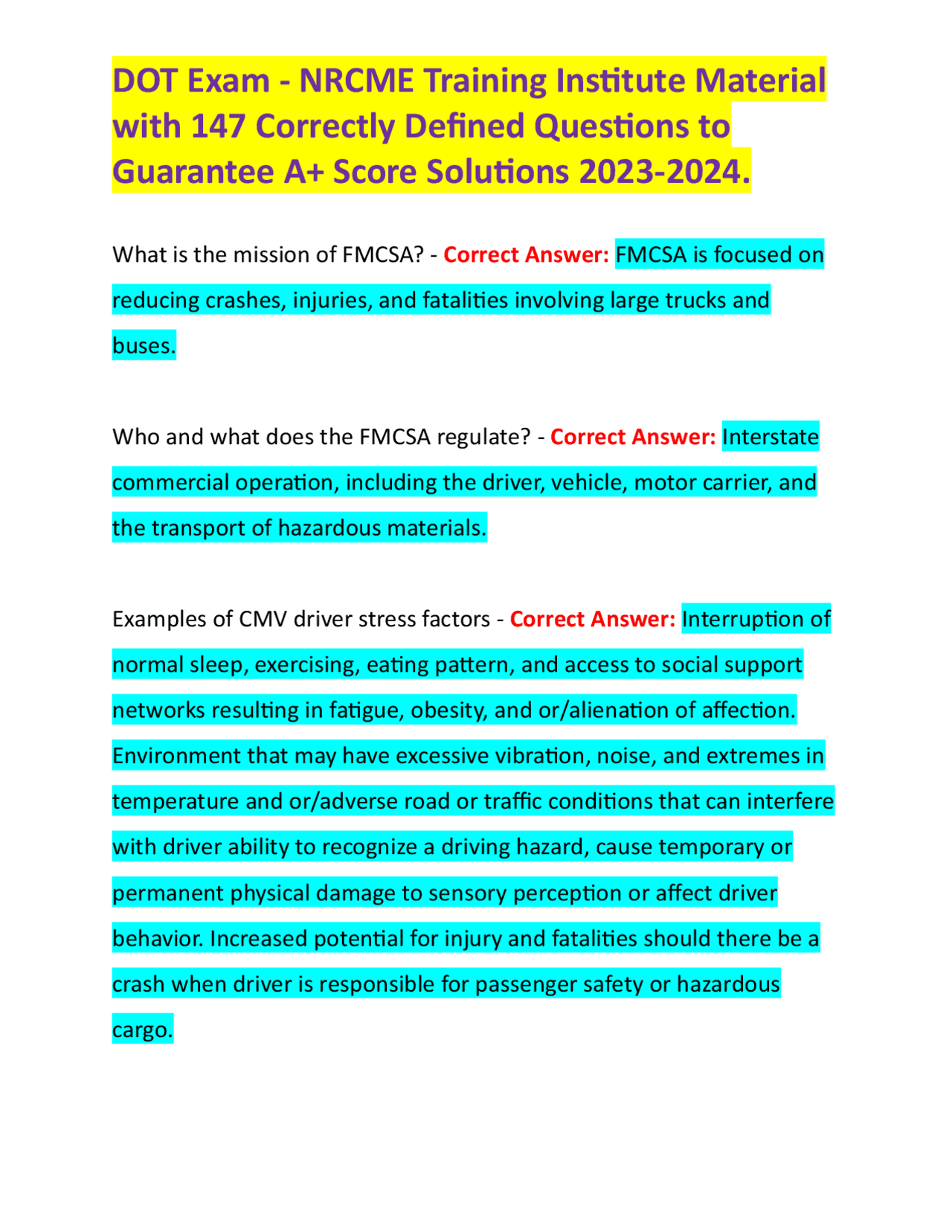 DOT Exam - NRCME Training Institute Material with 147 Correctly Defined ...