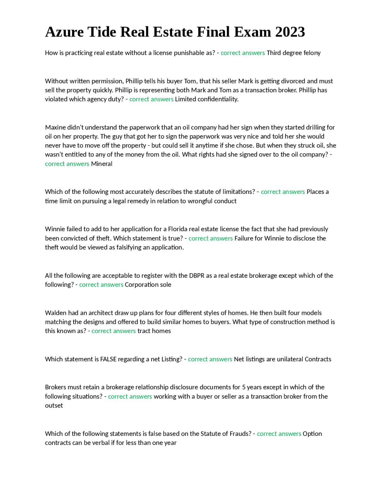 Azure Tide Real Estate Final Exam 2023 | Exams Nursing | Docsity