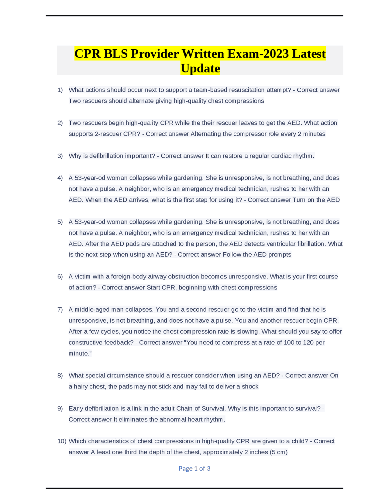 CPR BLS Provider Written Exam-2023 Latest Update | Exams Public Health ...