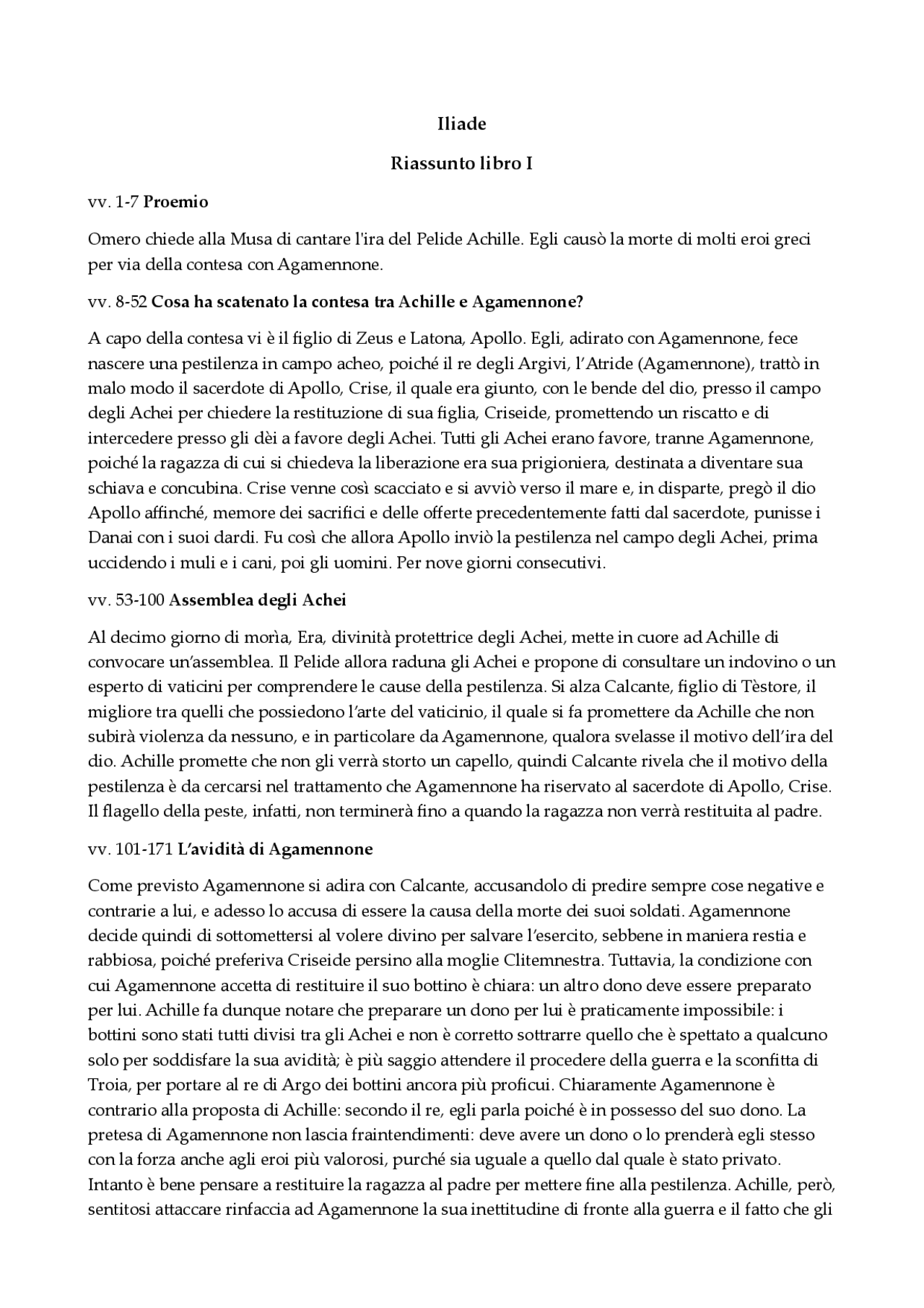 Riassunto primo libro Iliade | Sintesi del corso di Letteratura Greca ...