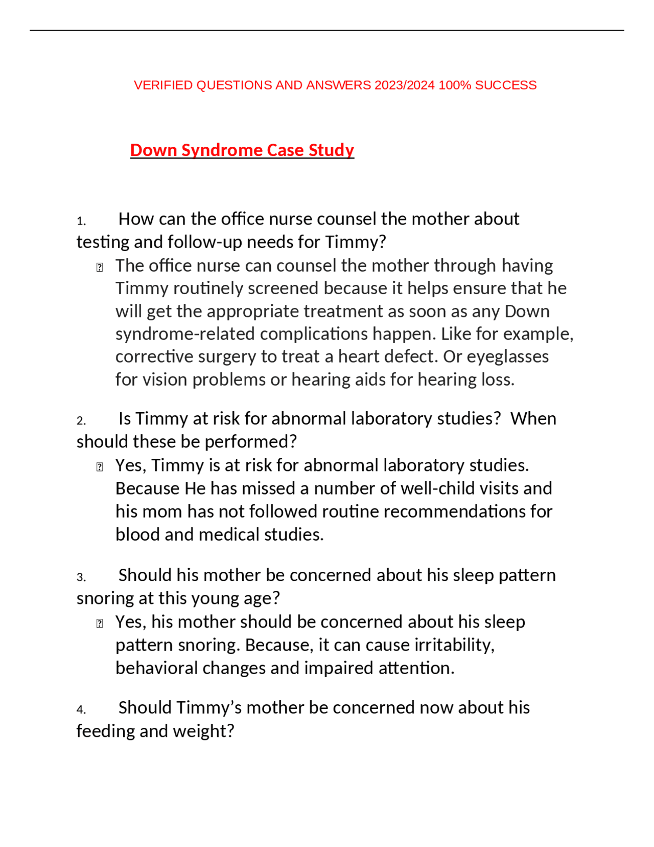 VERIFIED QUESTIONS AND ANSWERS 2023/2024 100% SUCCESS Down Syndrome ...