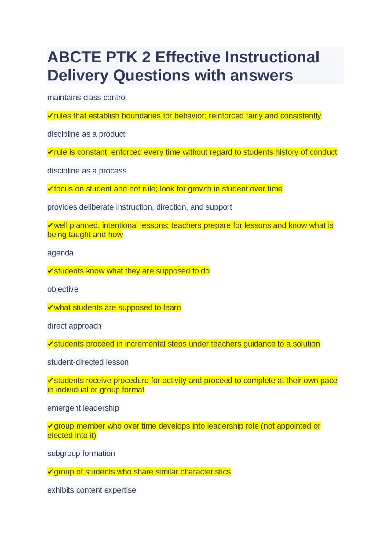 ABCTE PTK 2 Effective Instructional Delivery Questions with answers ...