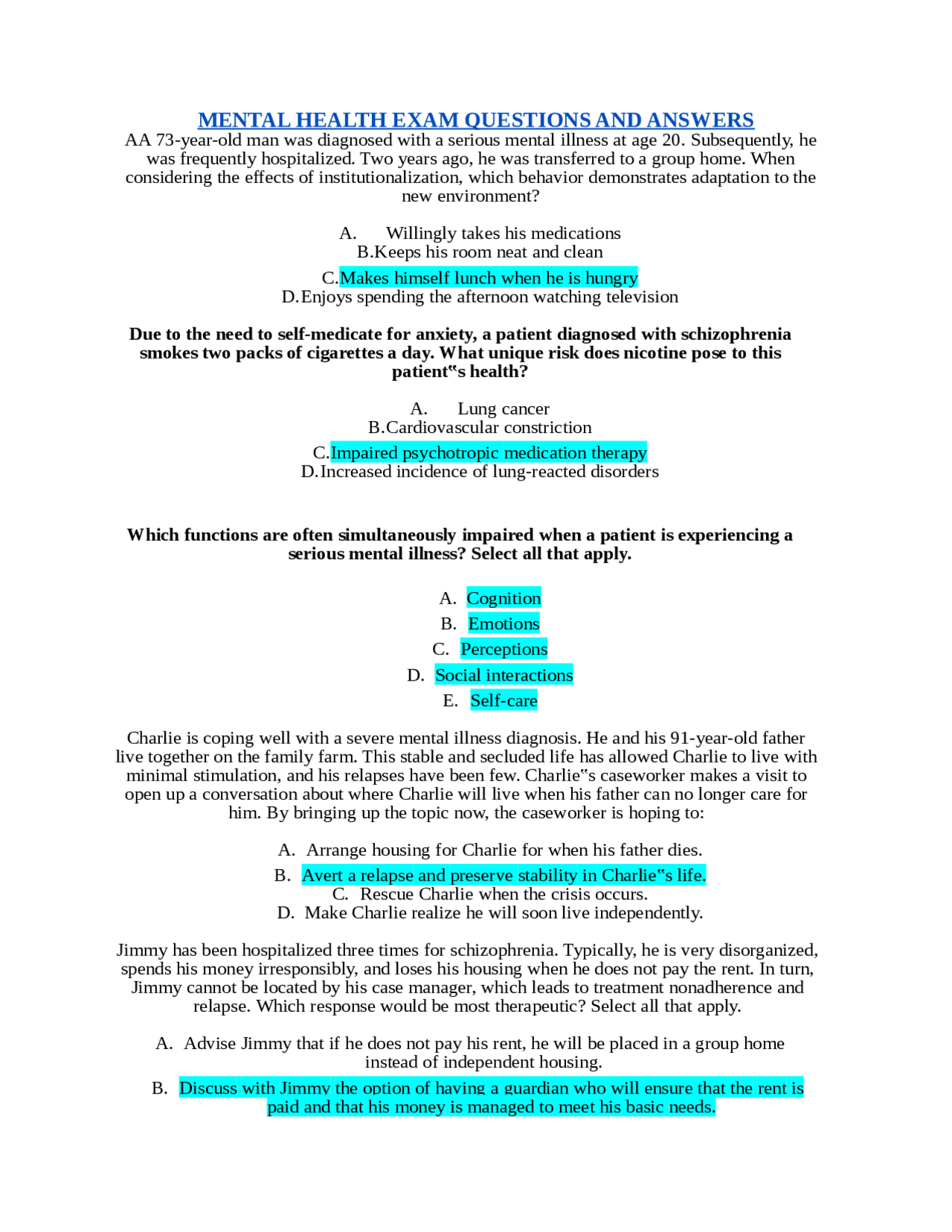 Mental Health Exam Questions And Answers Exams Nursing Docsity