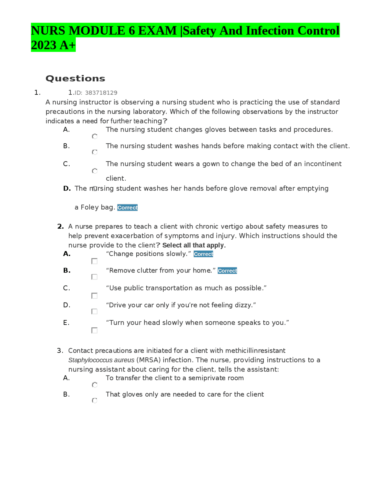 NURS MODULE 6 EXAM |Safety And Infection Control 2023 A+ | Exams ...