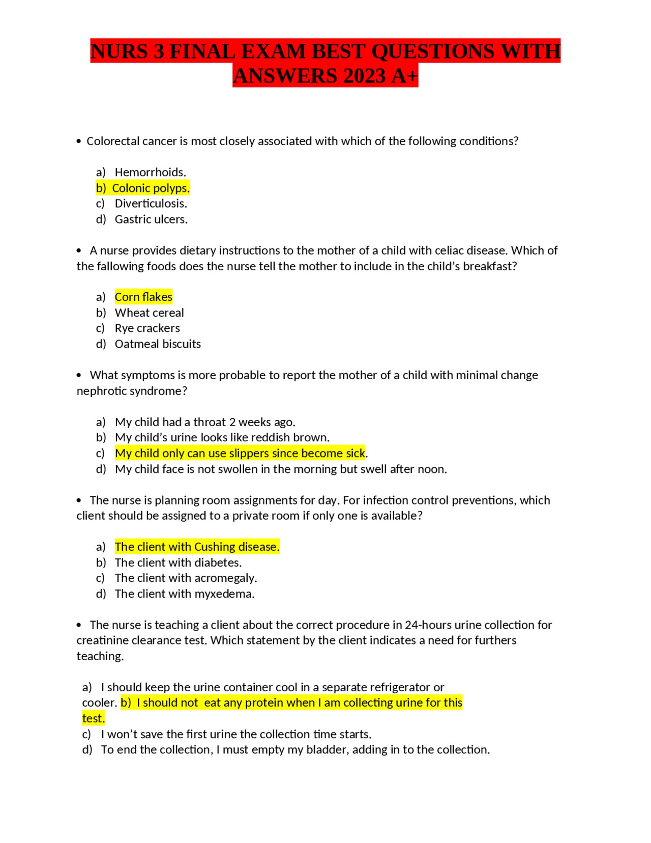 Nurs 3 Final Exam Best Questions With Answers 2023 A Exams Nursing