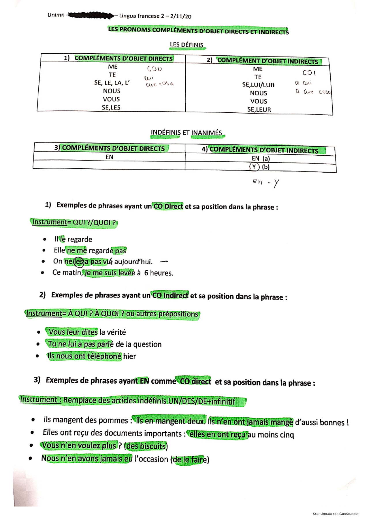 Pronomi complemento oggetto diretto e indiretto in francese | Schemi e ...