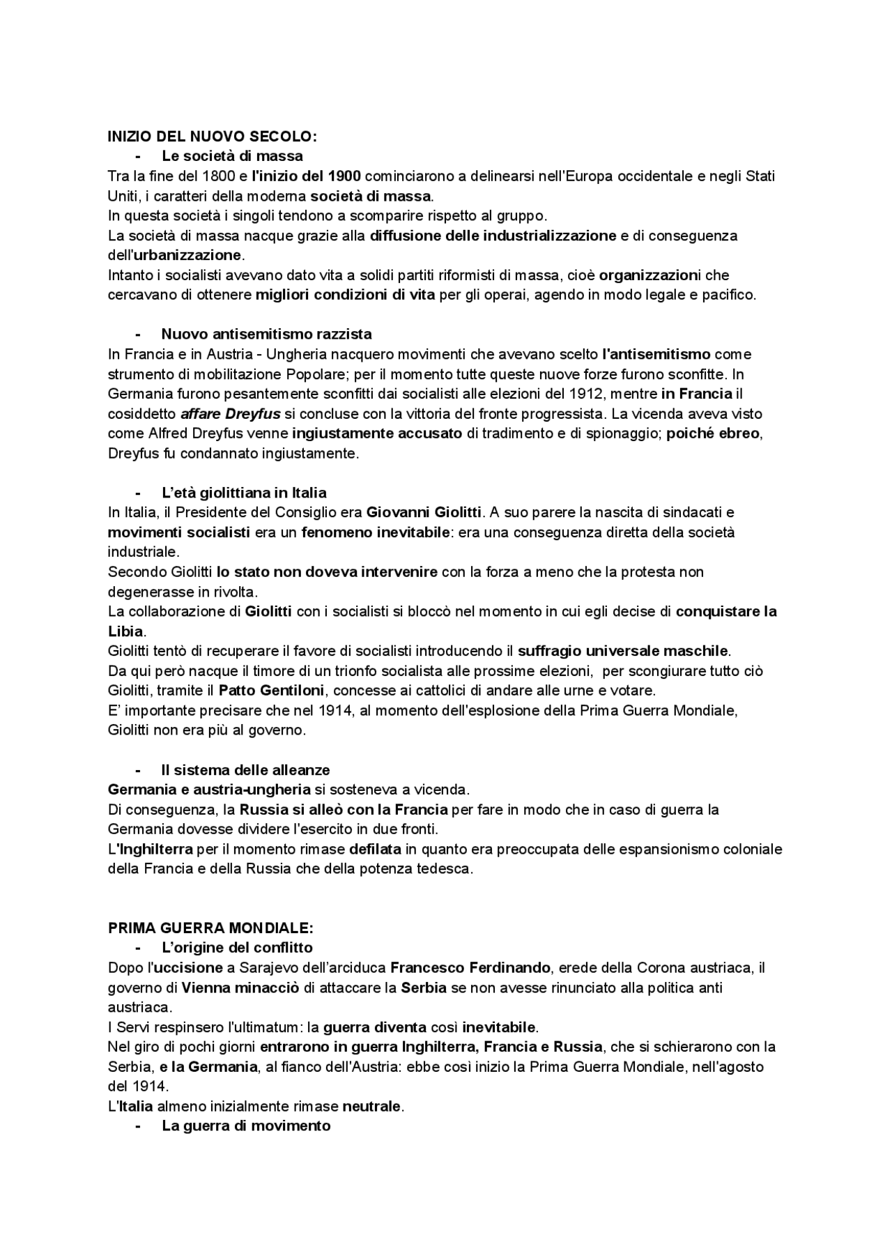 Riassunto Dei Punti Chiave Della Storia Del 1900 Sintesi Del Corso Di