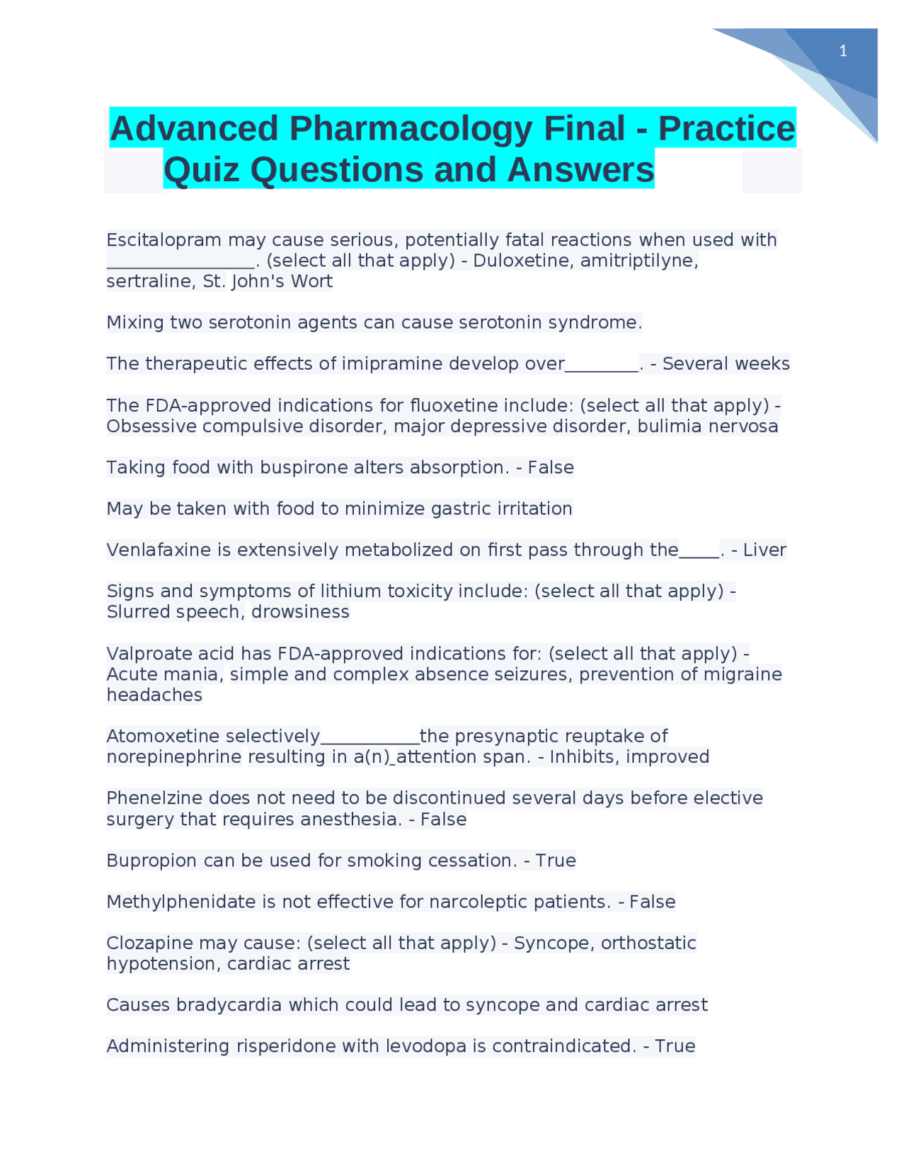 Advanced Pharmacology Final - Practice Quiz Questions and Answers ...