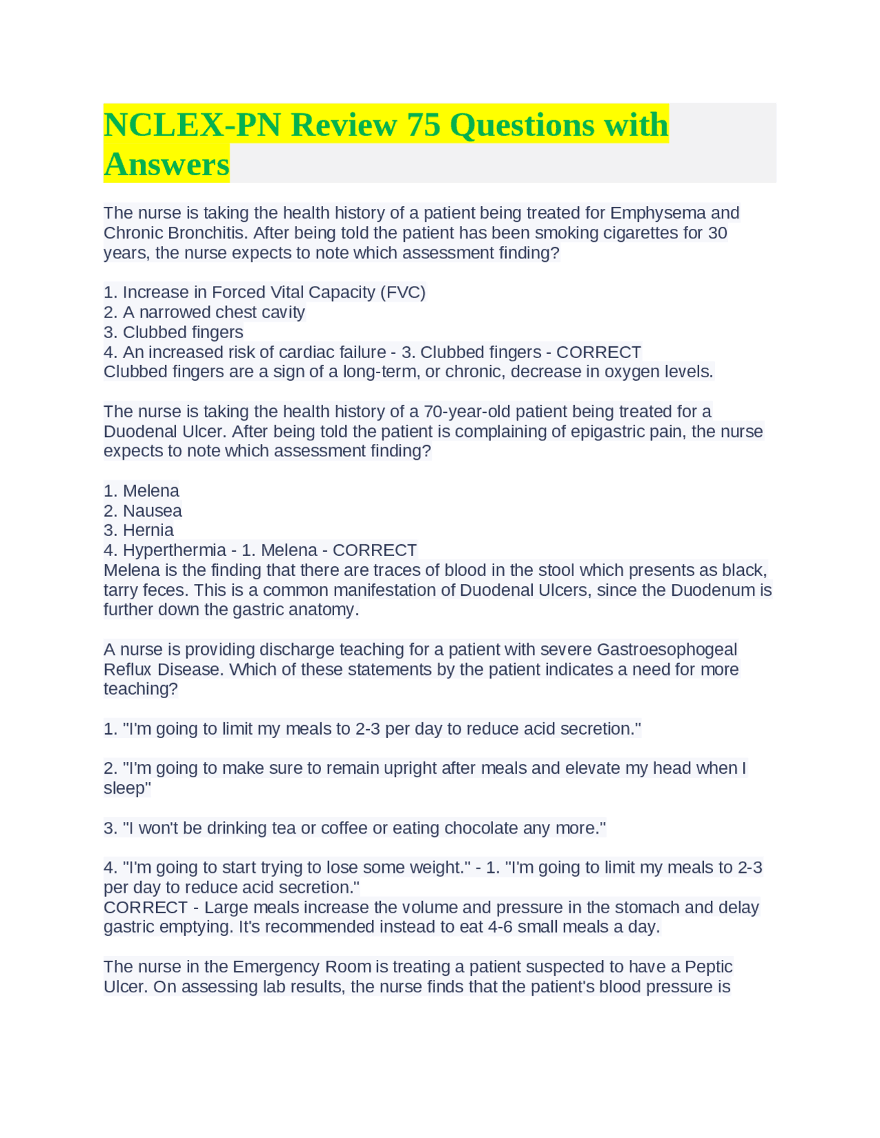 NCLEX-PN Review 75 Questions with Answers | Exams Pneumology | Docsity