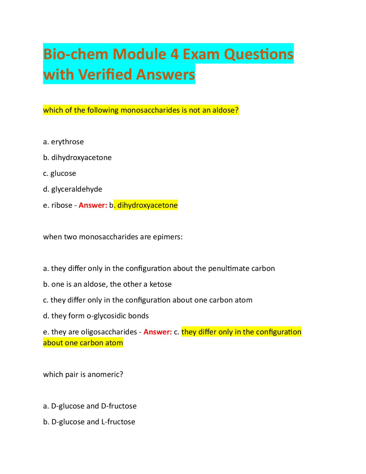 Bio-chem Module 4 Exam Questions with Verified Answers | Exams Nursing ...