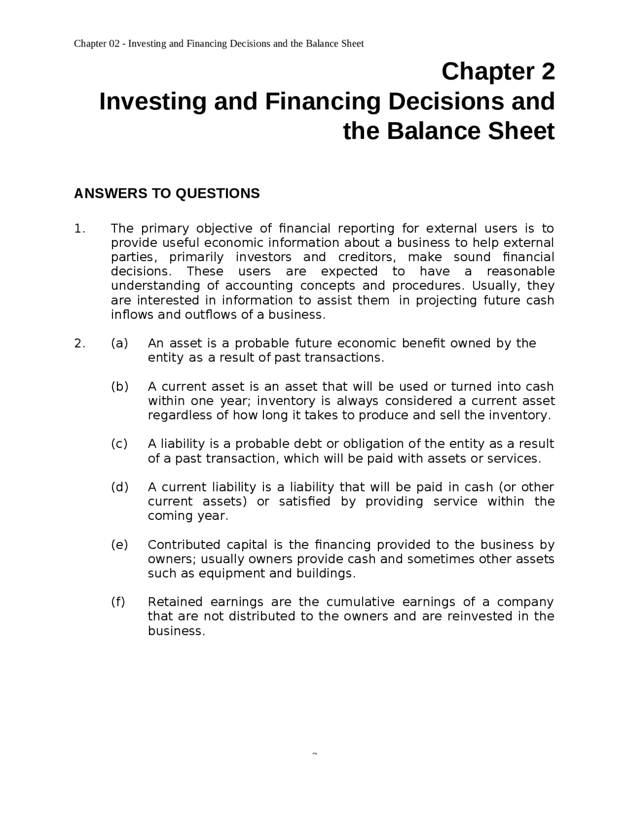 Chapter 2 Investing and Financing Decisions and the Balance Sheet ...