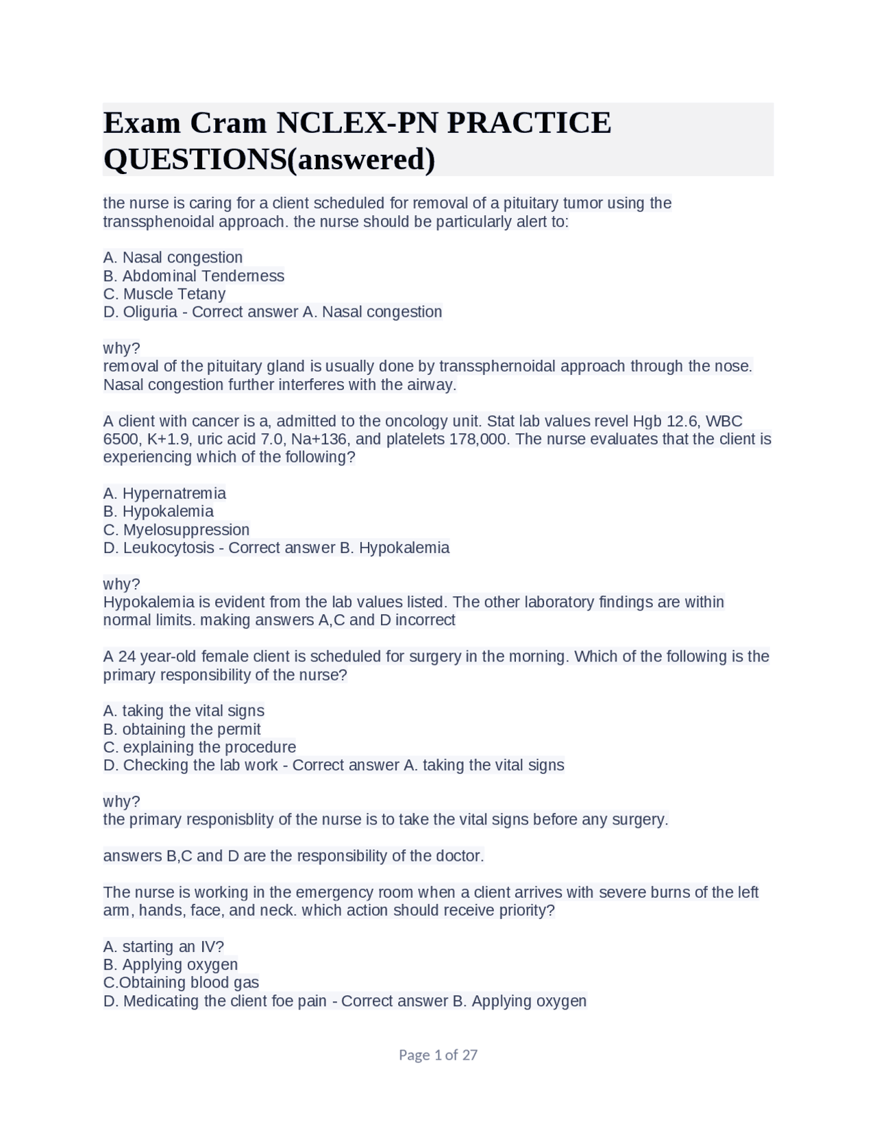 Exam Cram NCLEX-PN PRACTICE QUESTIONS(answered) | Exams Pneumology ...