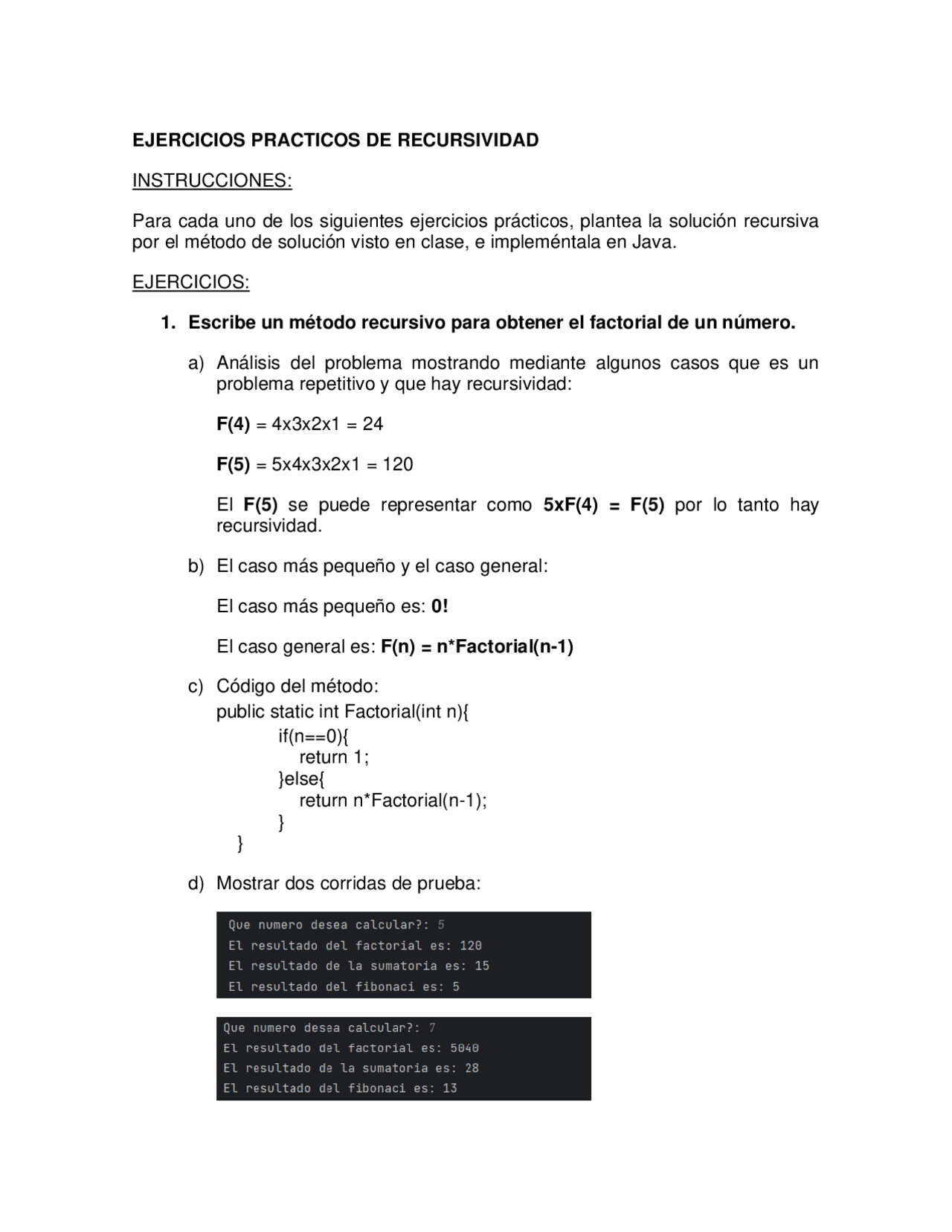 RECURSIVIDAD EN JAVA | Ejercicios de Estructuras de Datos y Algoritmos | Docsity