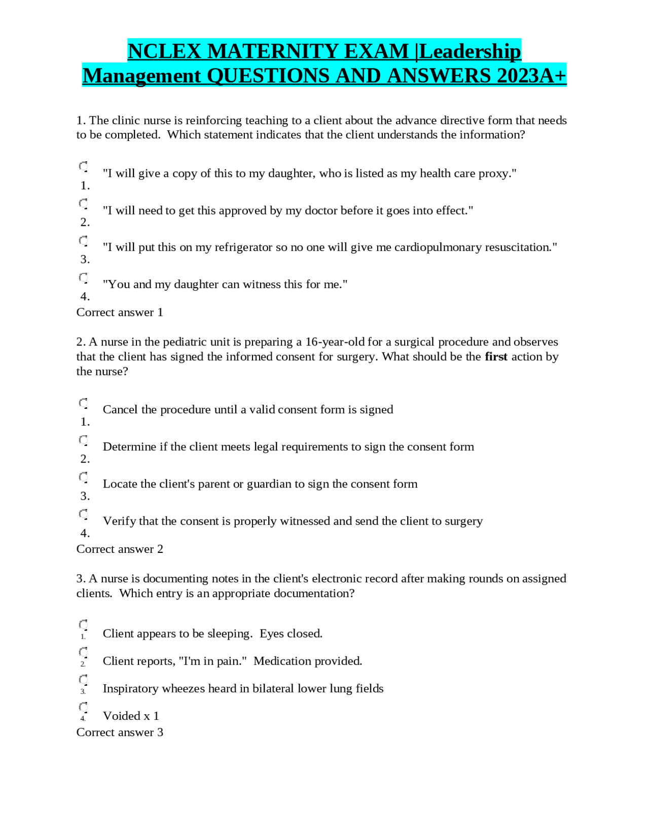 NCLEX MATERNITY EXAM |Leadership Management QUESTIONS AND ANSWERS 2023A ...