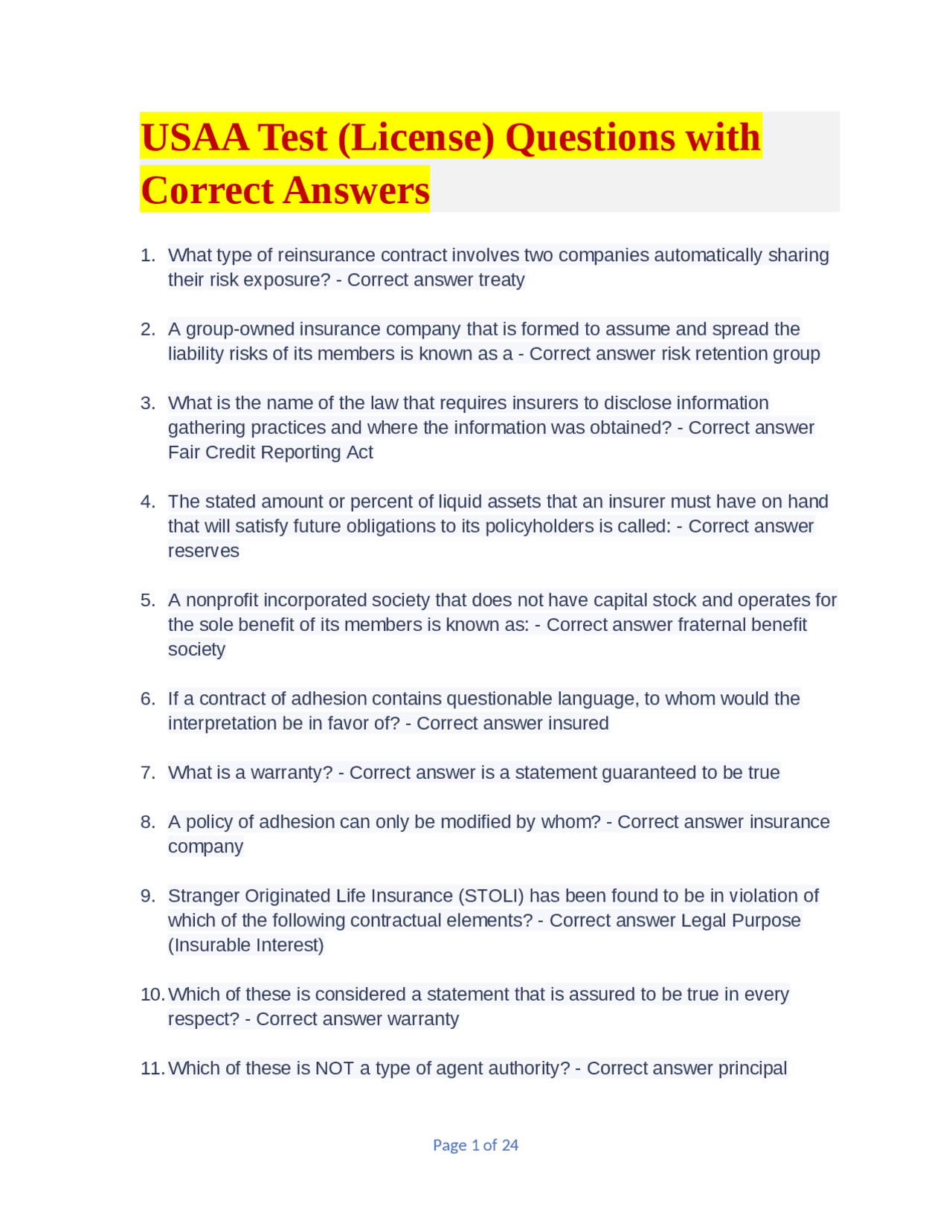 USAA Test (License) Questions with Correct Answers | Exams Community ...