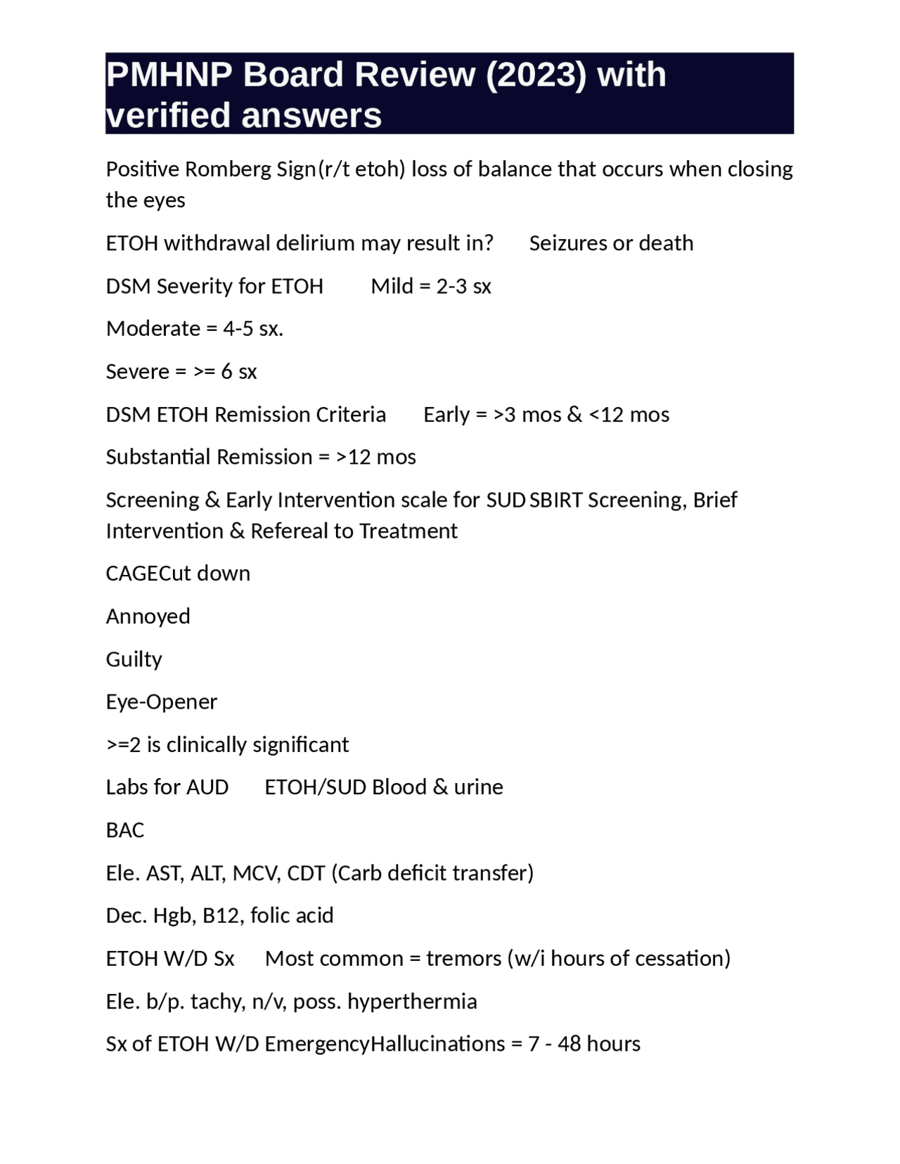 PMHNP Board Review (2023) with verified answers | Exams Nursing | Docsity