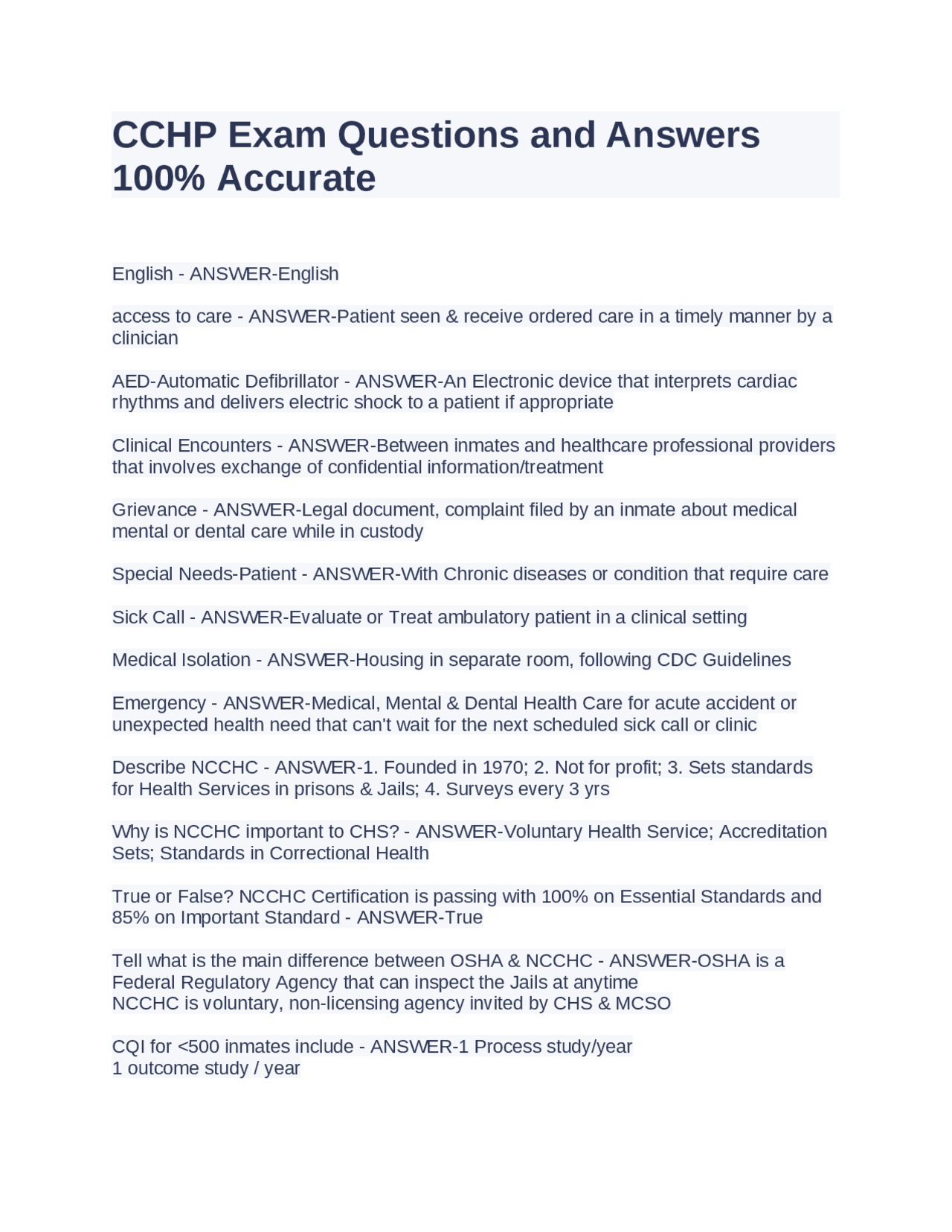 NCCHC and Correctional Health Services | Exams Nursing | Docsity