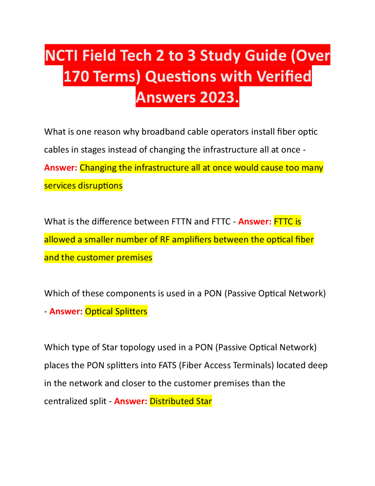 NCTI Field Tech 2 to 3 Study Guide (Over 170 Terms) Questions with Verified Answers 2023 ...