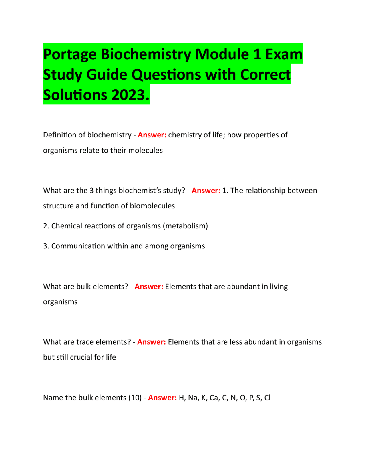 Portage Biochemistry Module 1 Exam Study Guide Questions with Correct ...