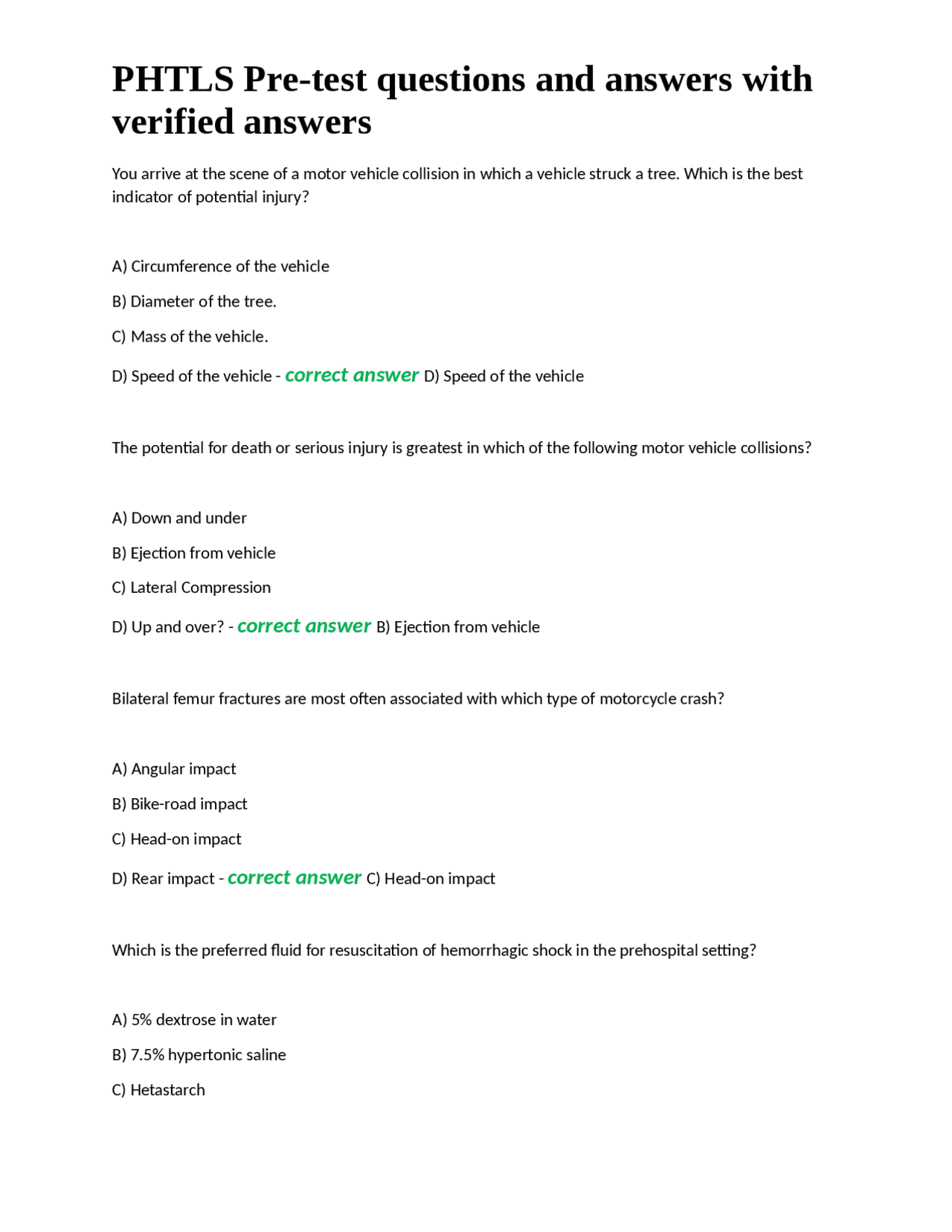 PHTLS Pre-test questions and answers with verified answers | Exams ...