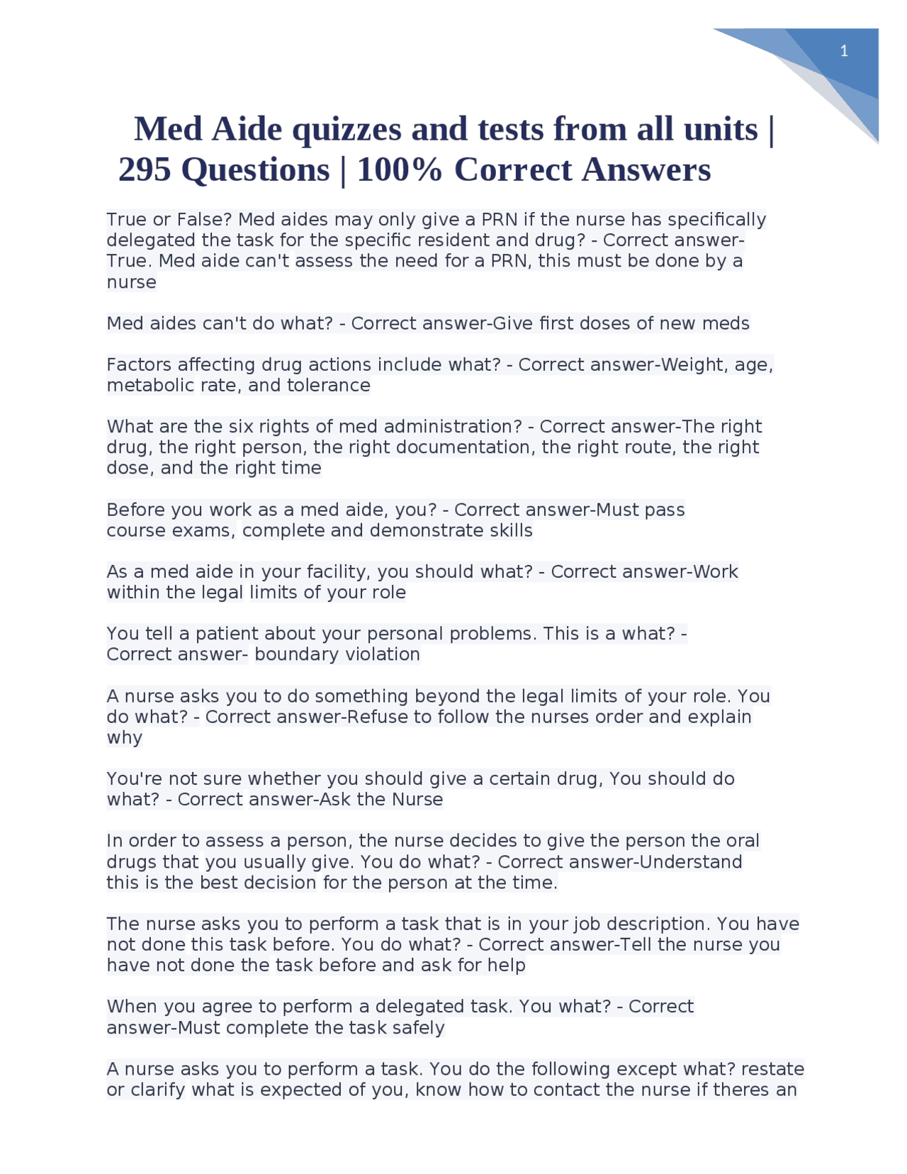 Med Aide Quizzes And Tests From All Units 295 Questions 100