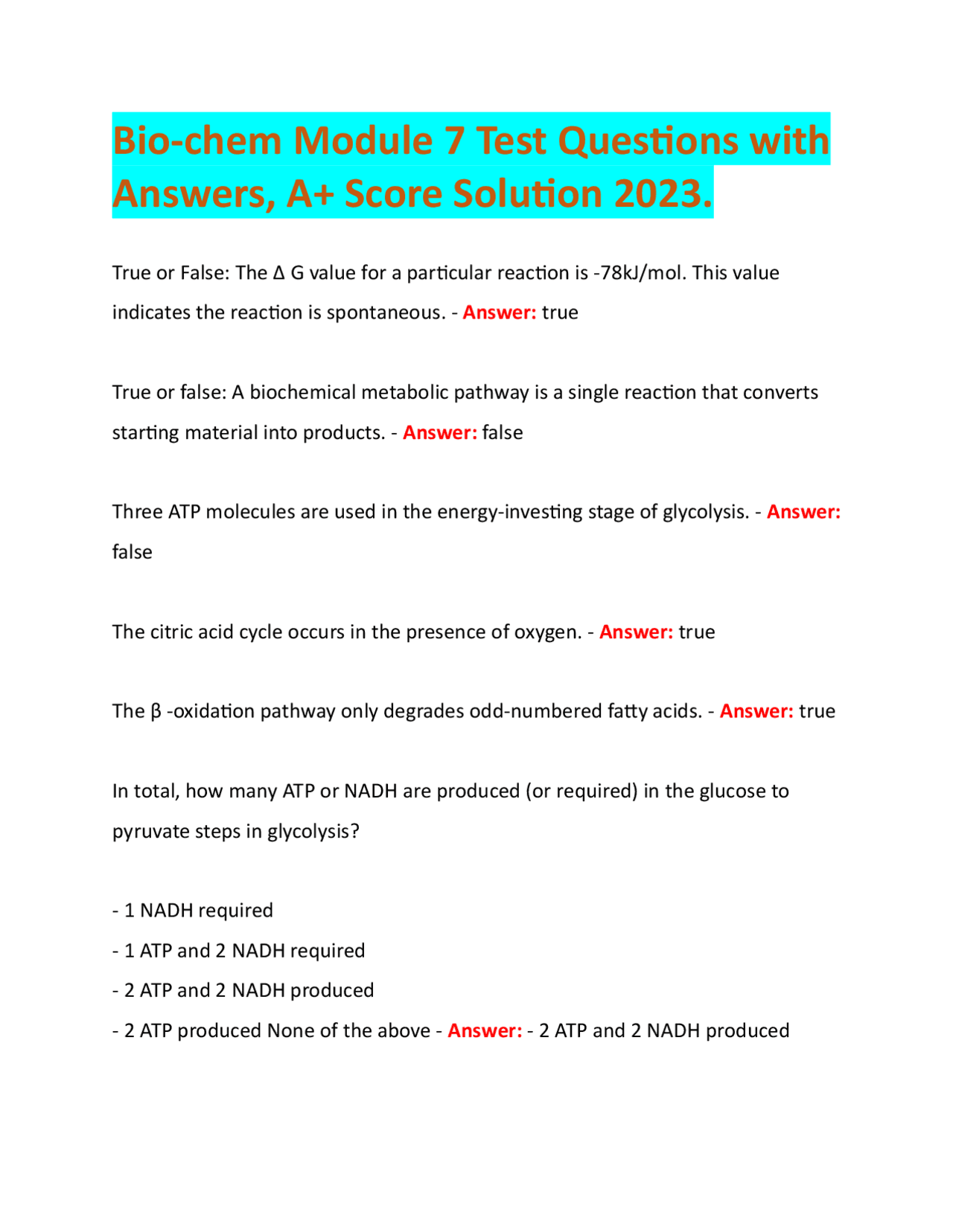 Bio Chem Module 7 Test Questions With Answers A Score Solution 2023