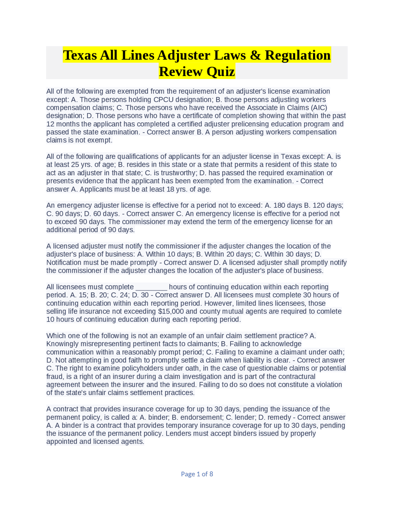 Texas All Lines Adjuster Laws & Regulation Review Quiz | Exams Media ...