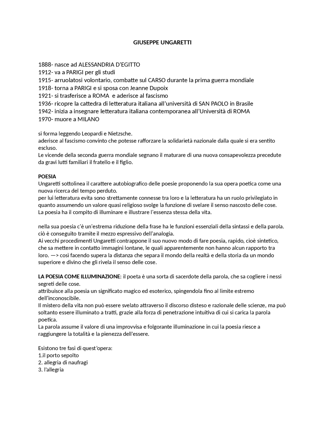 Giuseppe Ungaretti Vita E Poetica Appunti Di Italiano Docsity