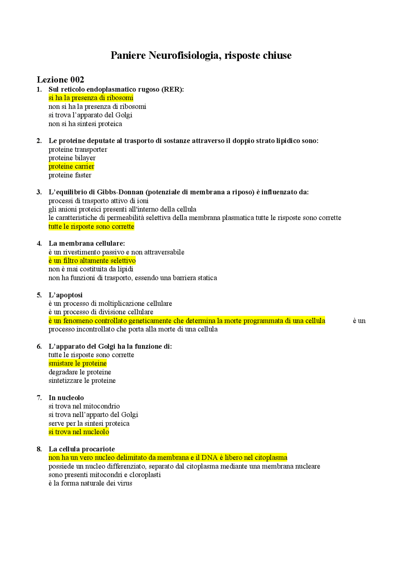 Paniere Completo Risposte Chiuse Neurofisiologia Prof Sara Ipsaro
