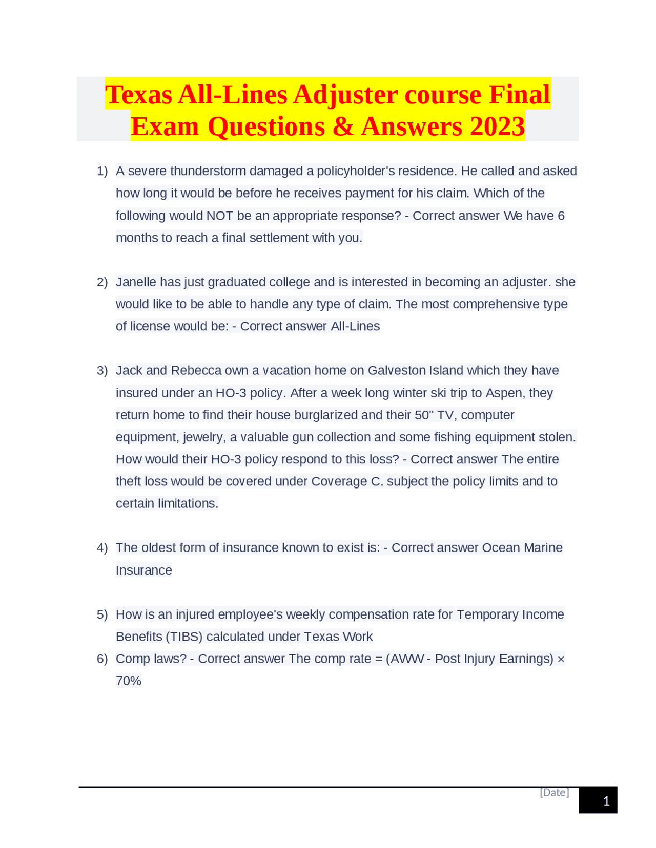 Texas All-Lines Adjuster course Final Exam Questions & Answers 2023 ...