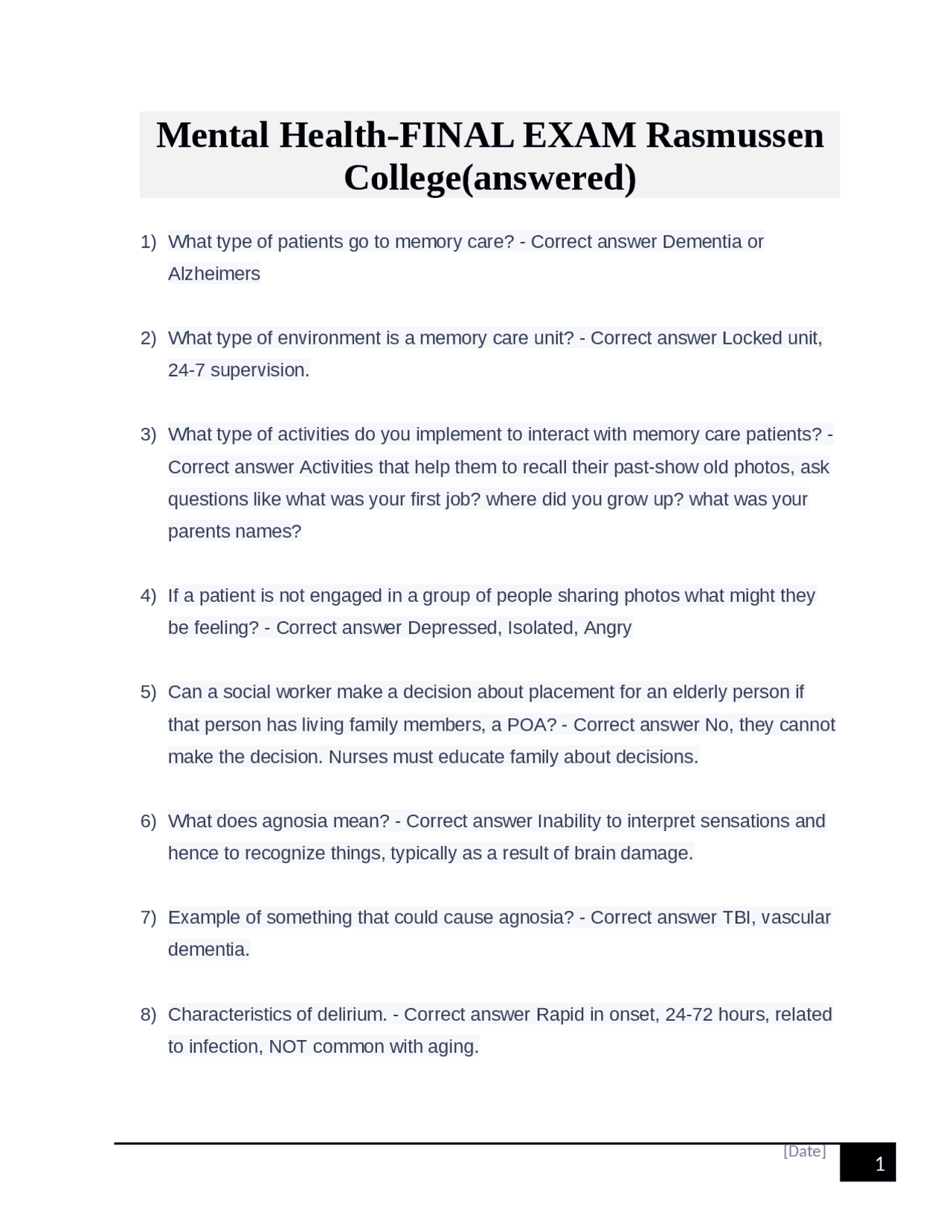 Mental Health Final Exam Study Notes | Exams Health sciences | Docsity