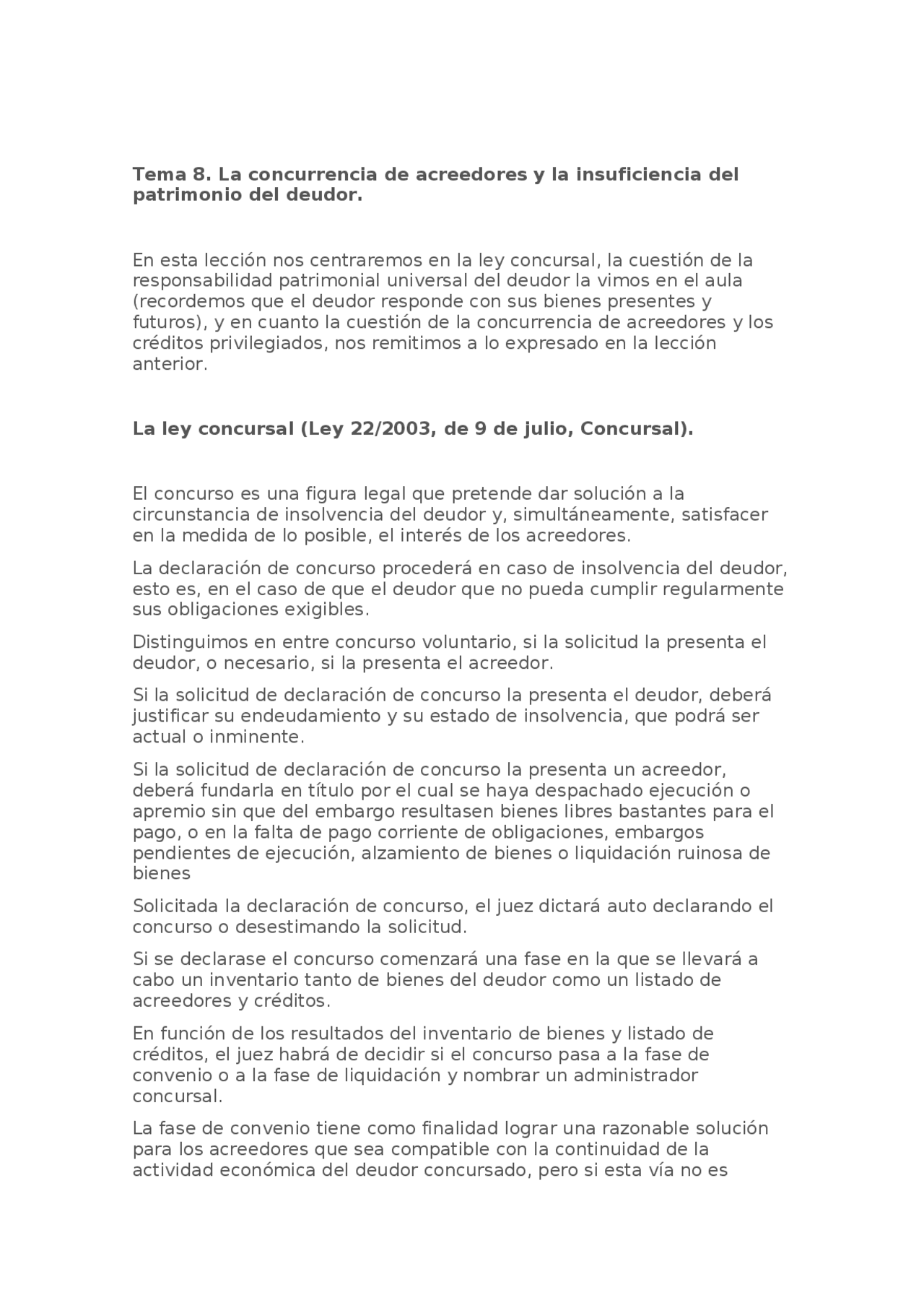 Tema 8. La concurrencia de acreedores y la insuficiencia del patrimonio del deudor | Resúmenes ...