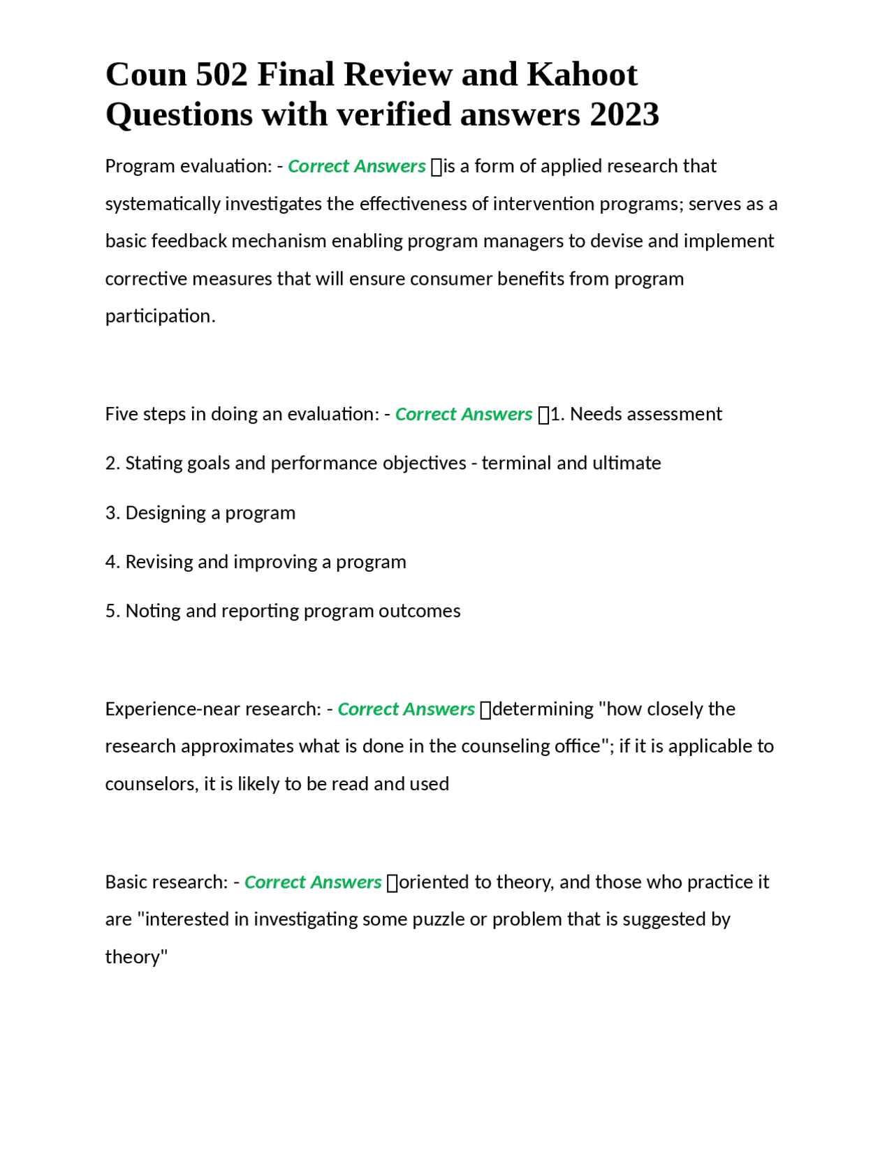 Coun 502 Final Review And Kahoot Questions With Verified Answers 2023