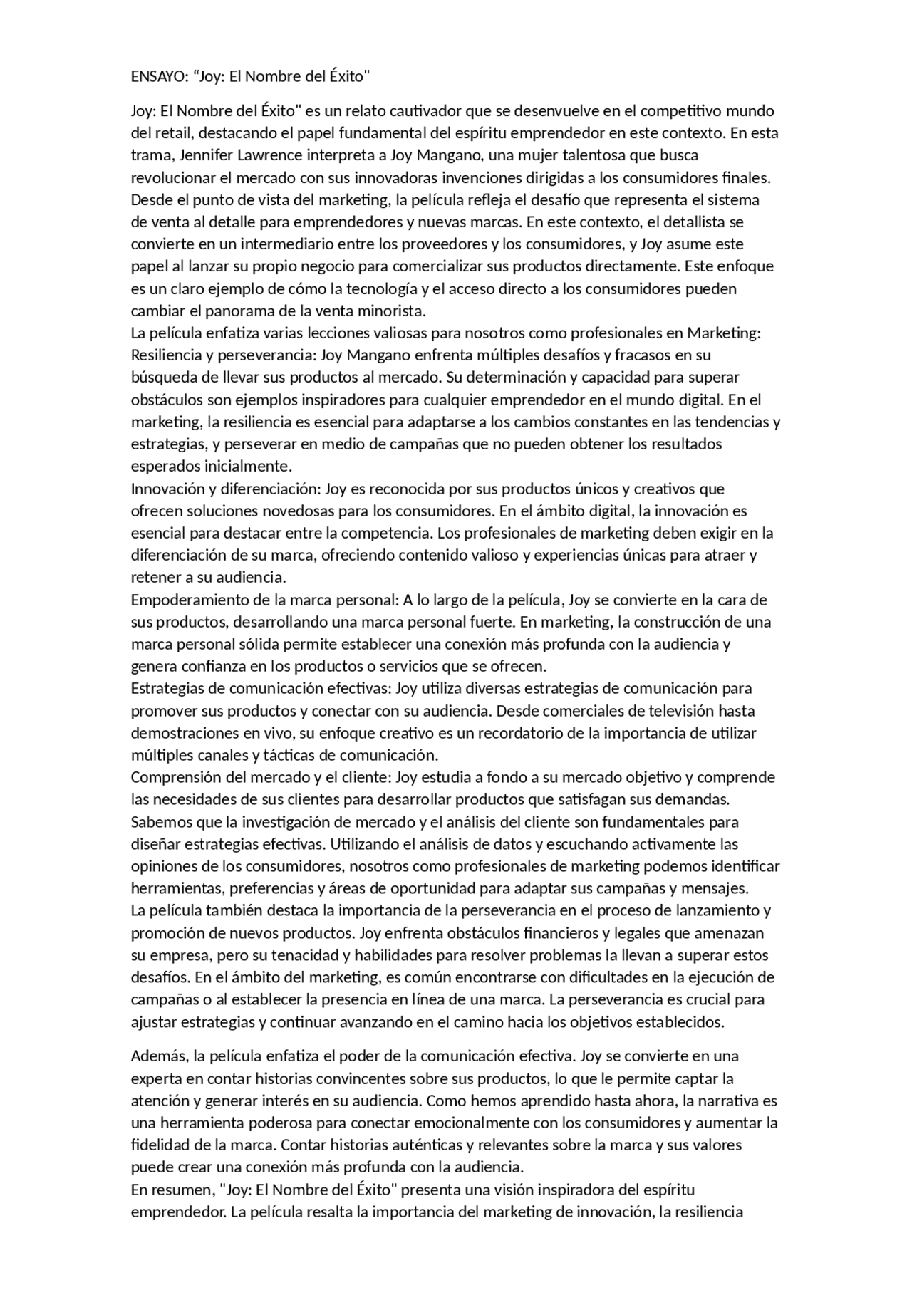 Ensayo Sobre Legales De La Pelicula Joy Resúmenes De Derecho Docsity