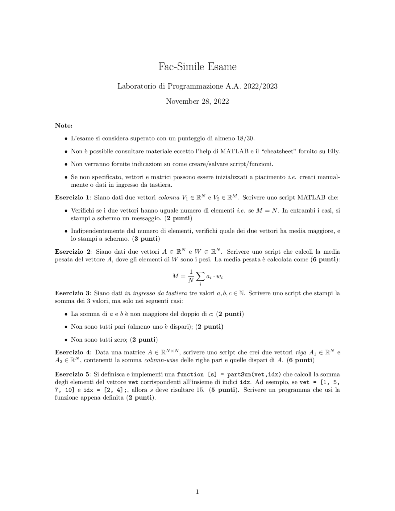 Fac Simile Esame Di Laboratorio Di Programmazione Prove Desame Di