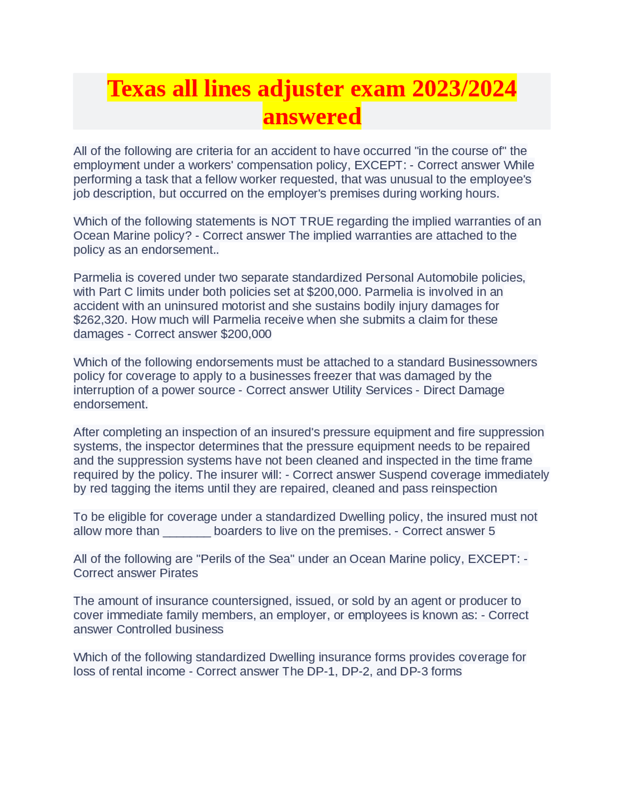 Texas all lines adjuster exam 2023/2024 answered | Exams Allergology ...