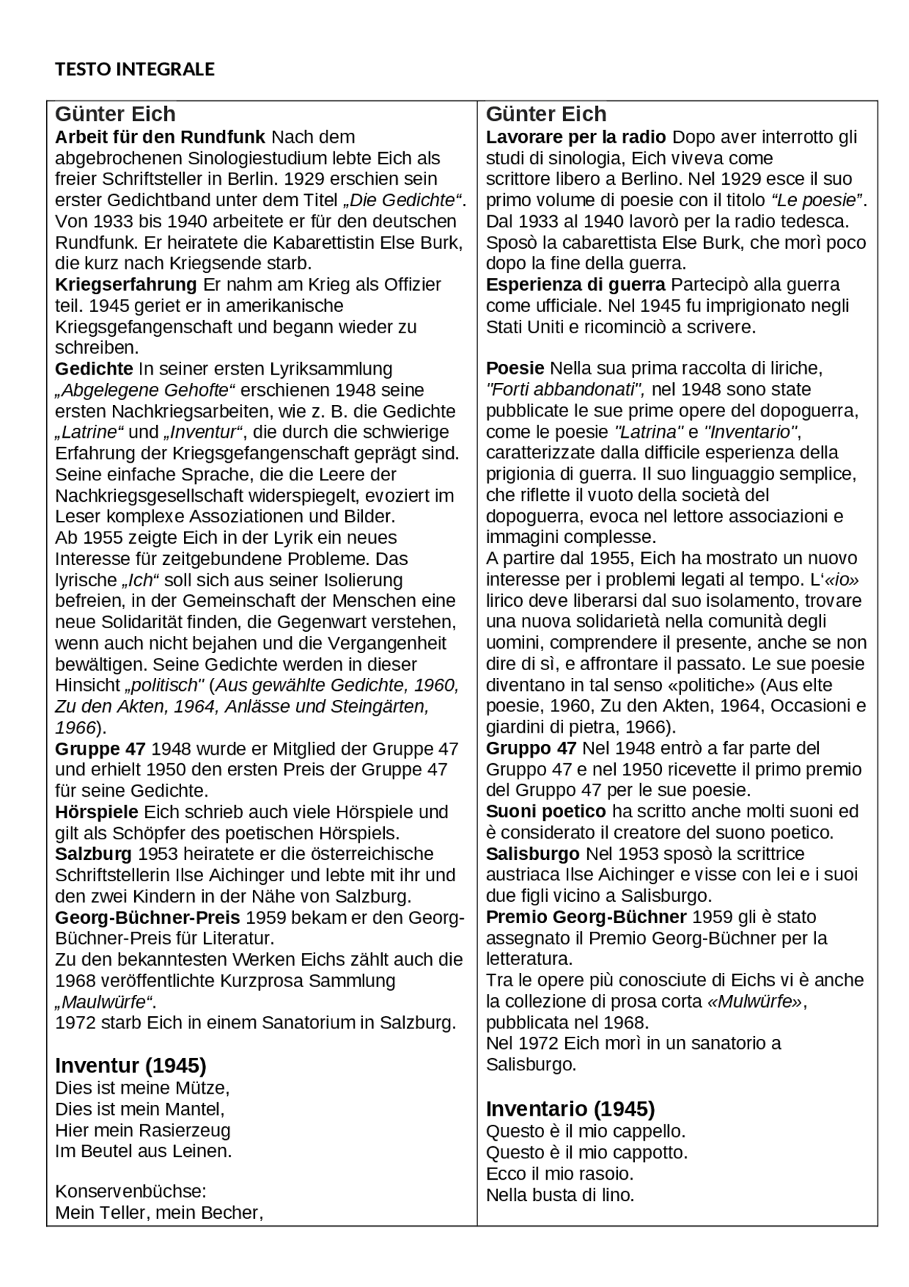 Inventur, Günter Eich | Dispense di Tedesco | Docsity