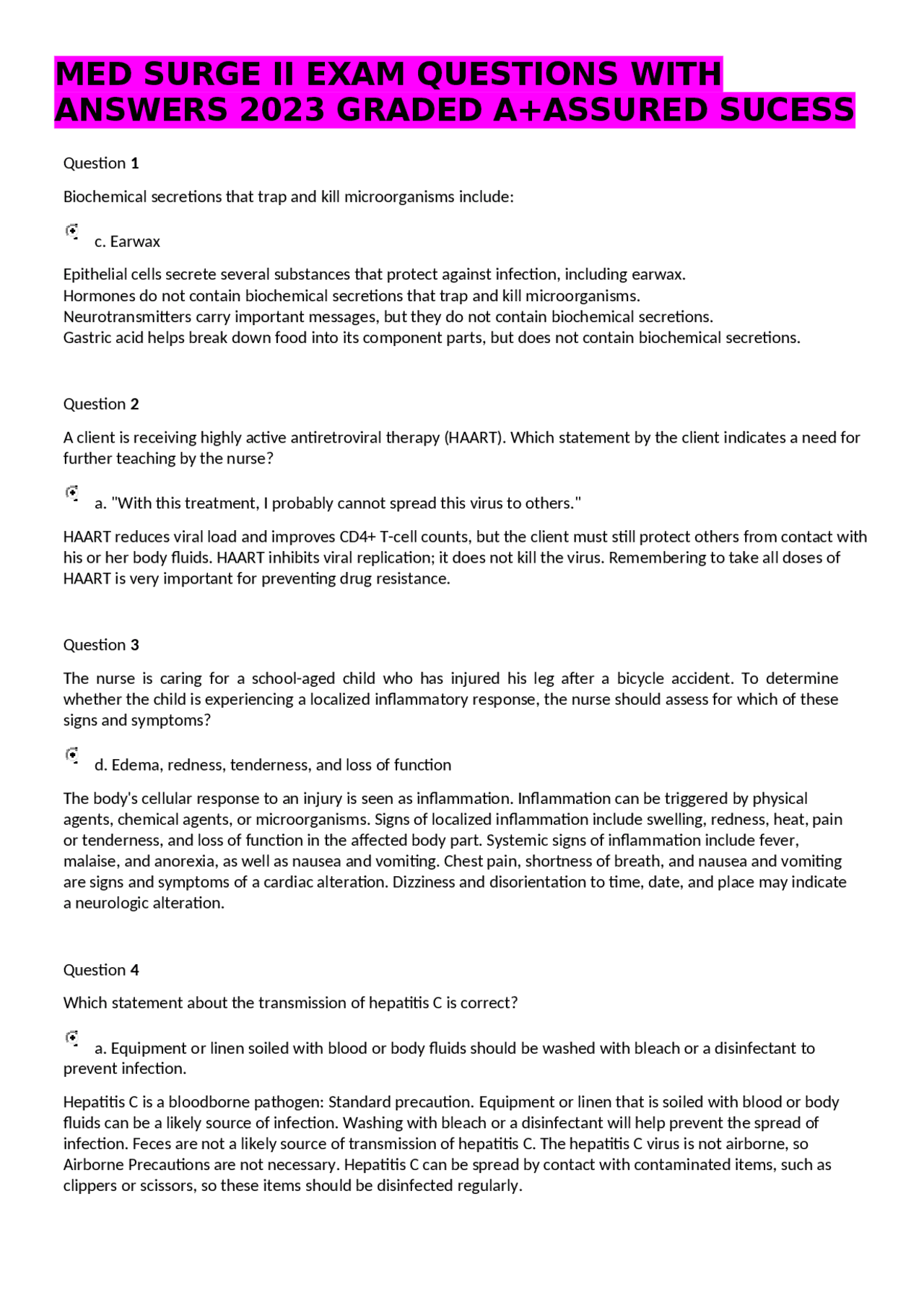 Med Surge Ii Exam Questions With Answers 2023 Graded Aassured Sucess