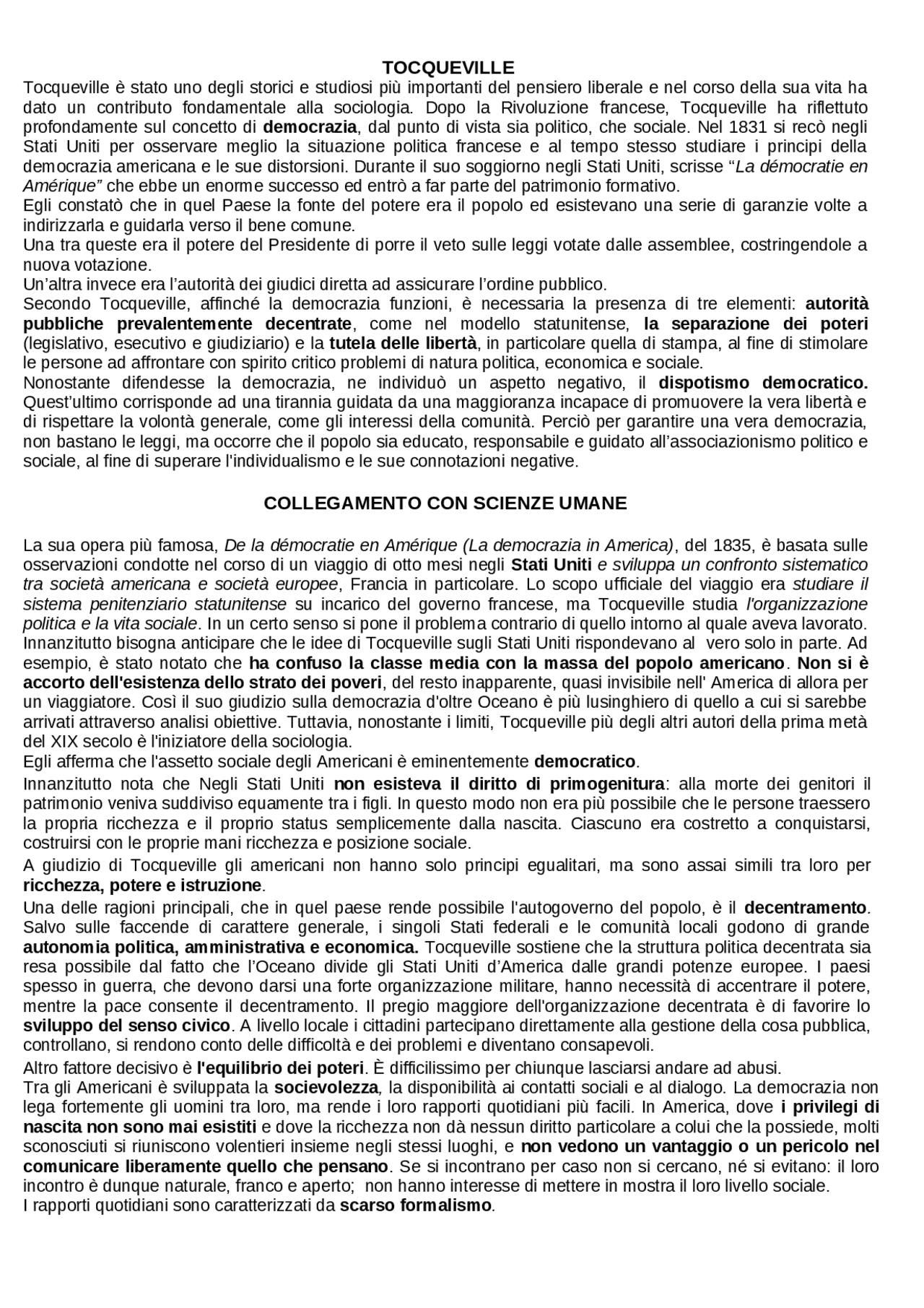 Tocqueville e lo Stato liberale | Dispense di Diritto | Docsity