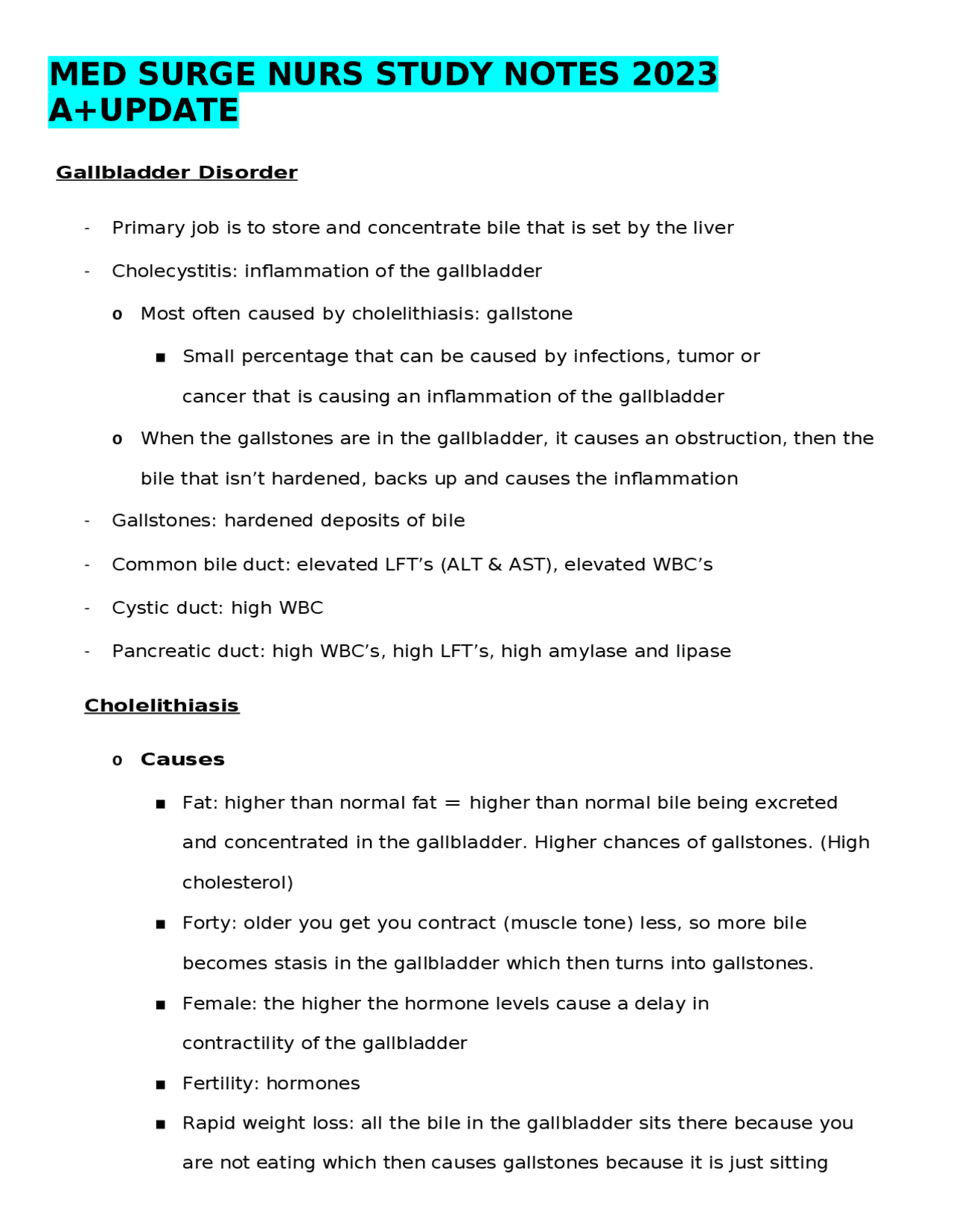 Med Surge Nurs Study Notes 2023 A+Update | Exams Nursing | Docsity