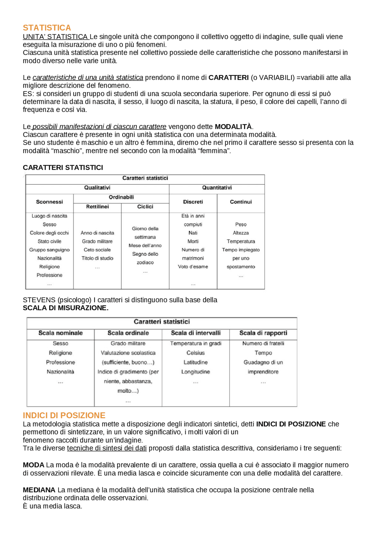 Unità Statistica e Indici di Posizione e Variabilità | Dispense di ...
