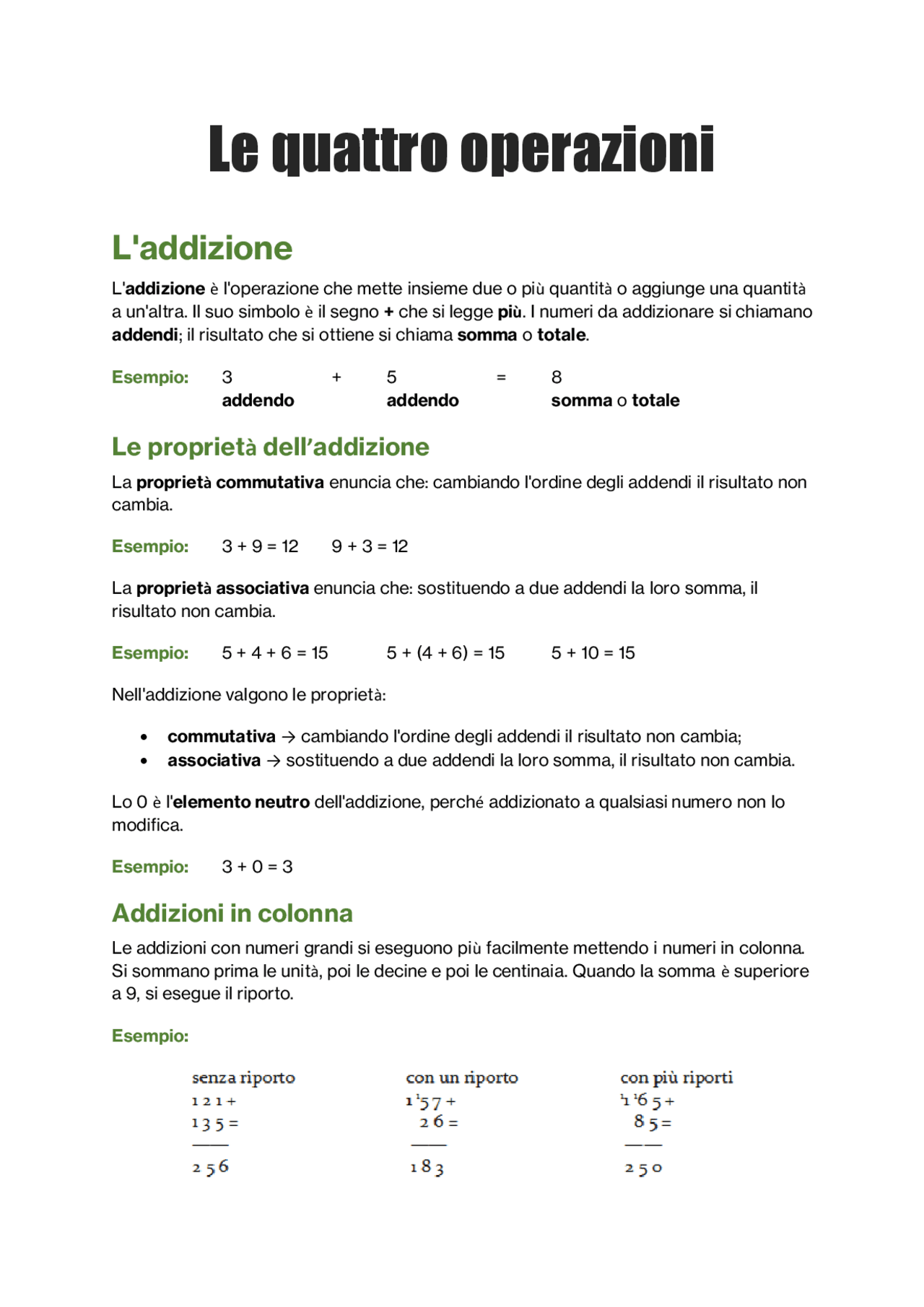 Le quattro operazioni | Appunti di Matematica | Docsity