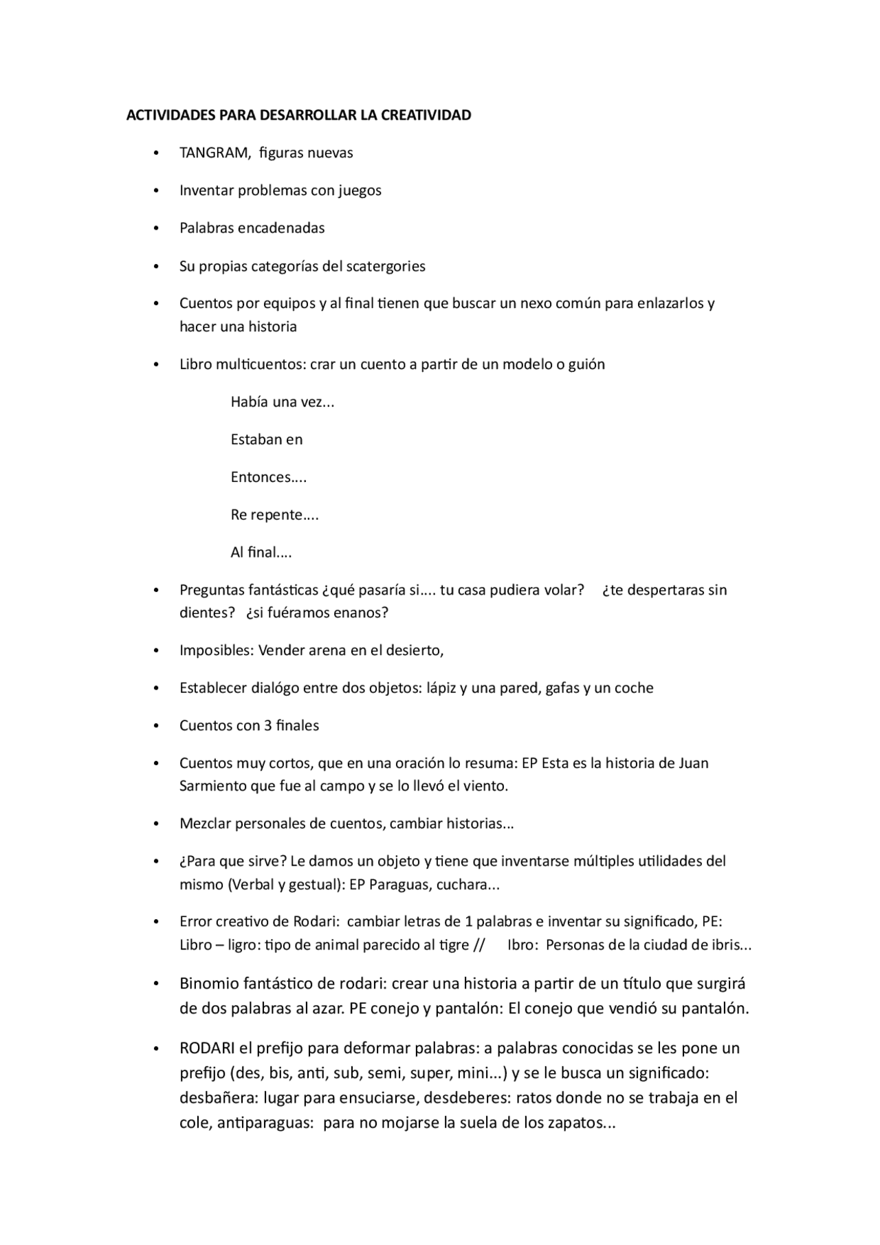 actividades para trabajar la creatividad | Ejercicios de Lengua y Literatura | Docsity