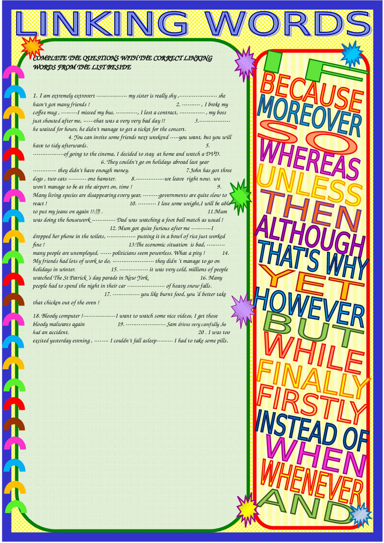 LINKING WORDS ACTIVITY to practice how the words work into a sentence ...