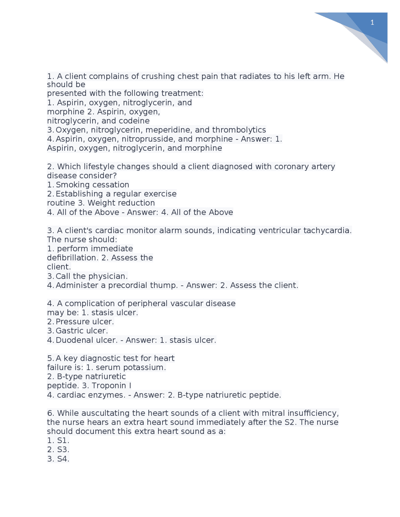 Med-Surg: Cardiovascular Review Questions With 100% Correct Answers ...