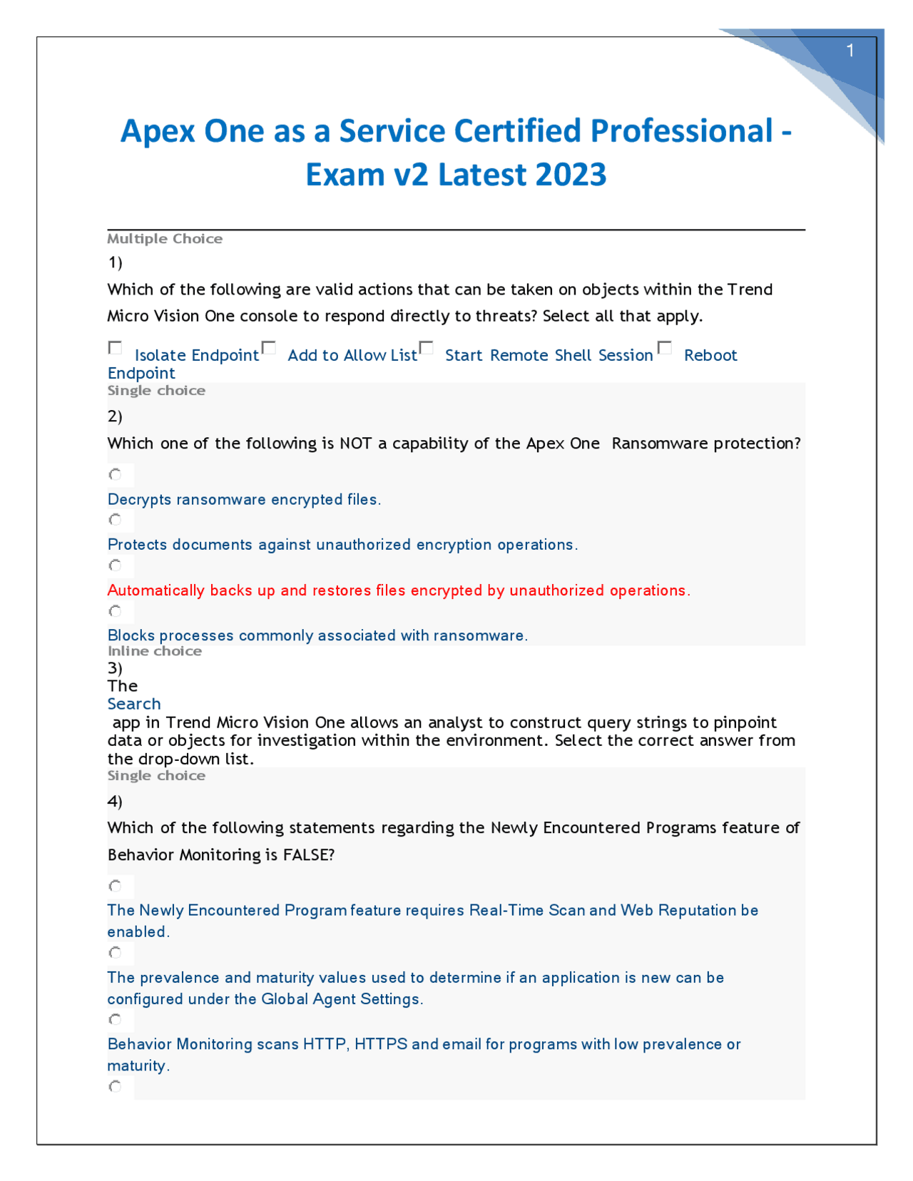 Apex One as a Service Certified Professional -Exam v2 Latest 2023 ...