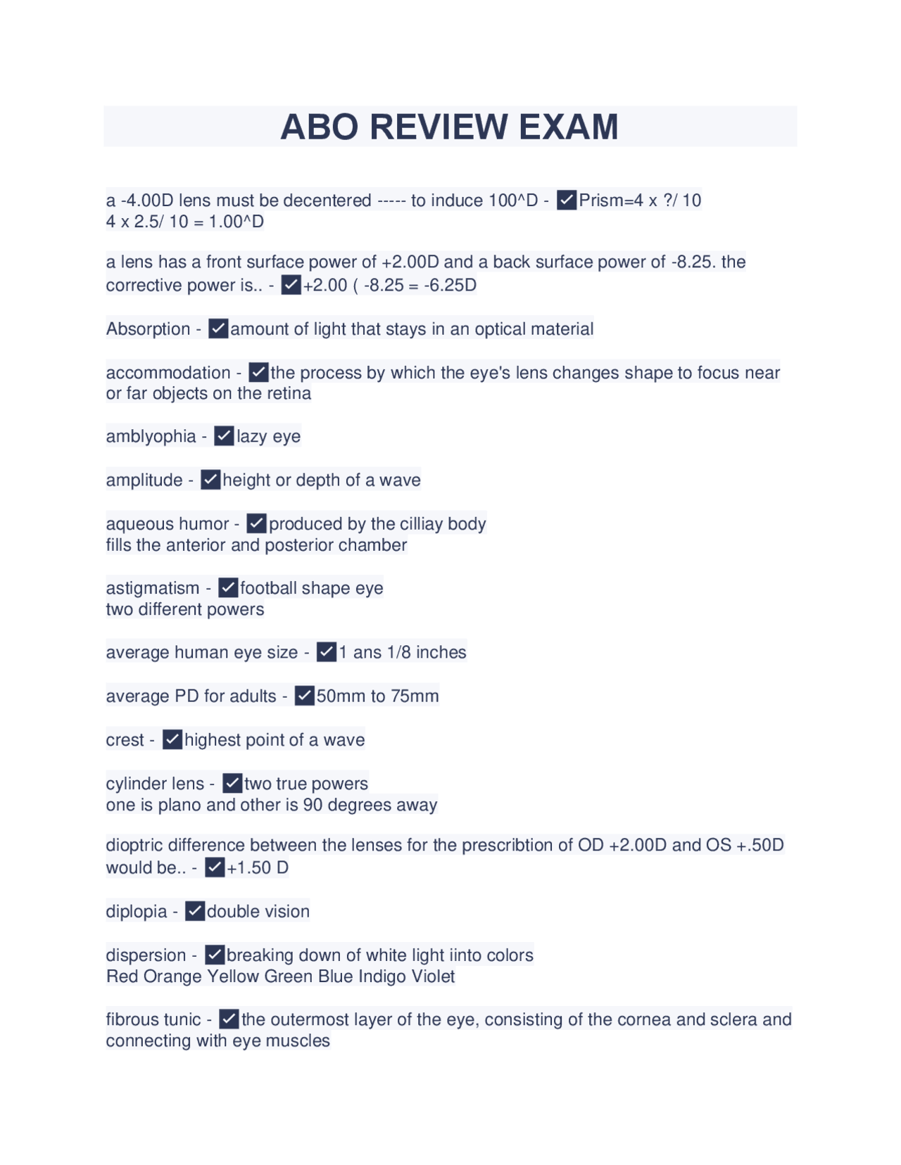 ABO REVIEW EXAM (LATEST 2023/2024) 100% CORRECT | Exams Nursing | Docsity