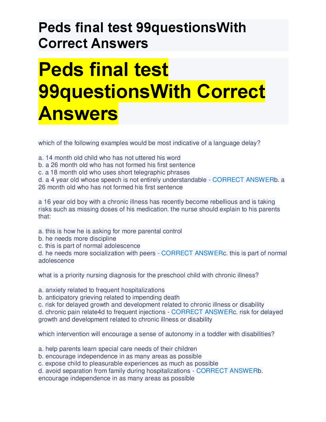 Peds Final Test 99questionswith Correct Answers Exams Nursing Docsity